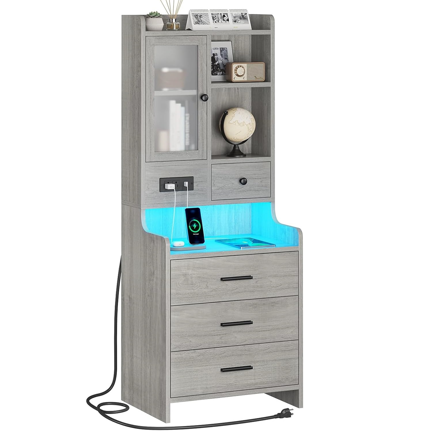 Amuzer Tall Nightstand with Charging Station, LED Bedside Table with ...