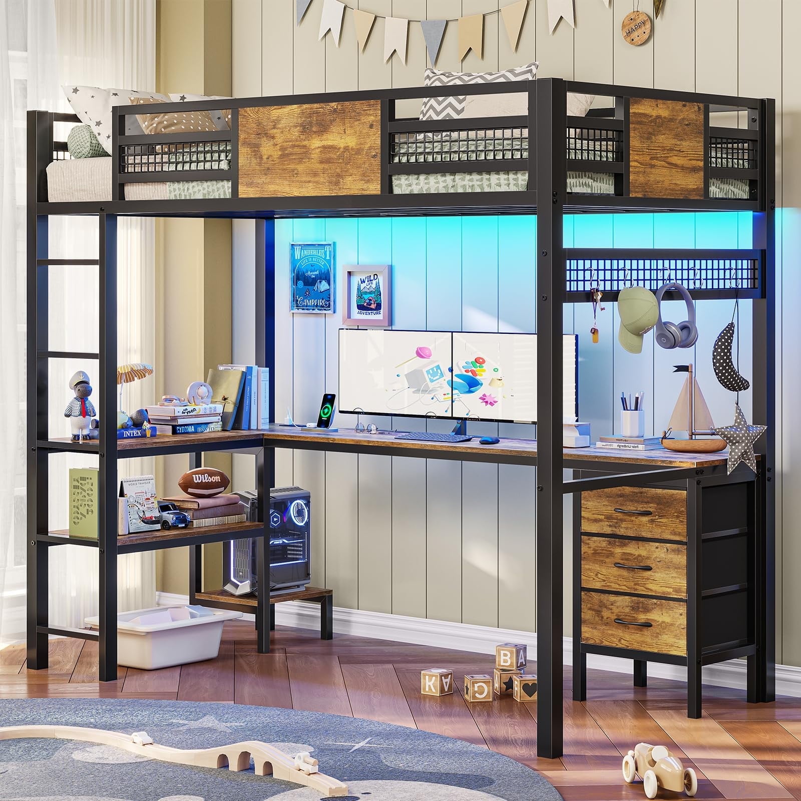 Amuzer Twin Size Loft Bed with L-shaped Desk, Metal LED Bed Frame with ...