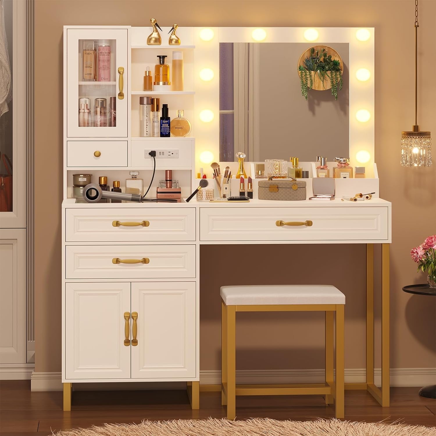 Amuzer Vanity Set with LED Lighted Mirror, Vanity Table with Drawers ...