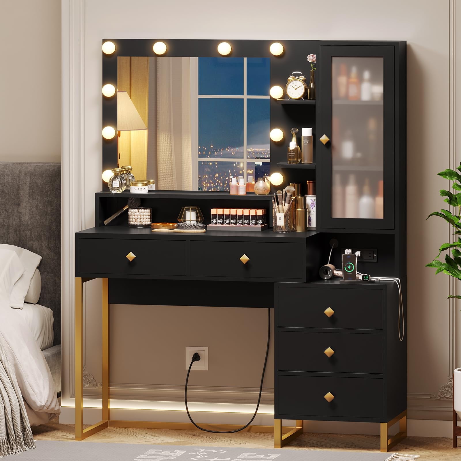 Amuzer Vanity Table with Lighted Mirror and Charging Station, Modern ...