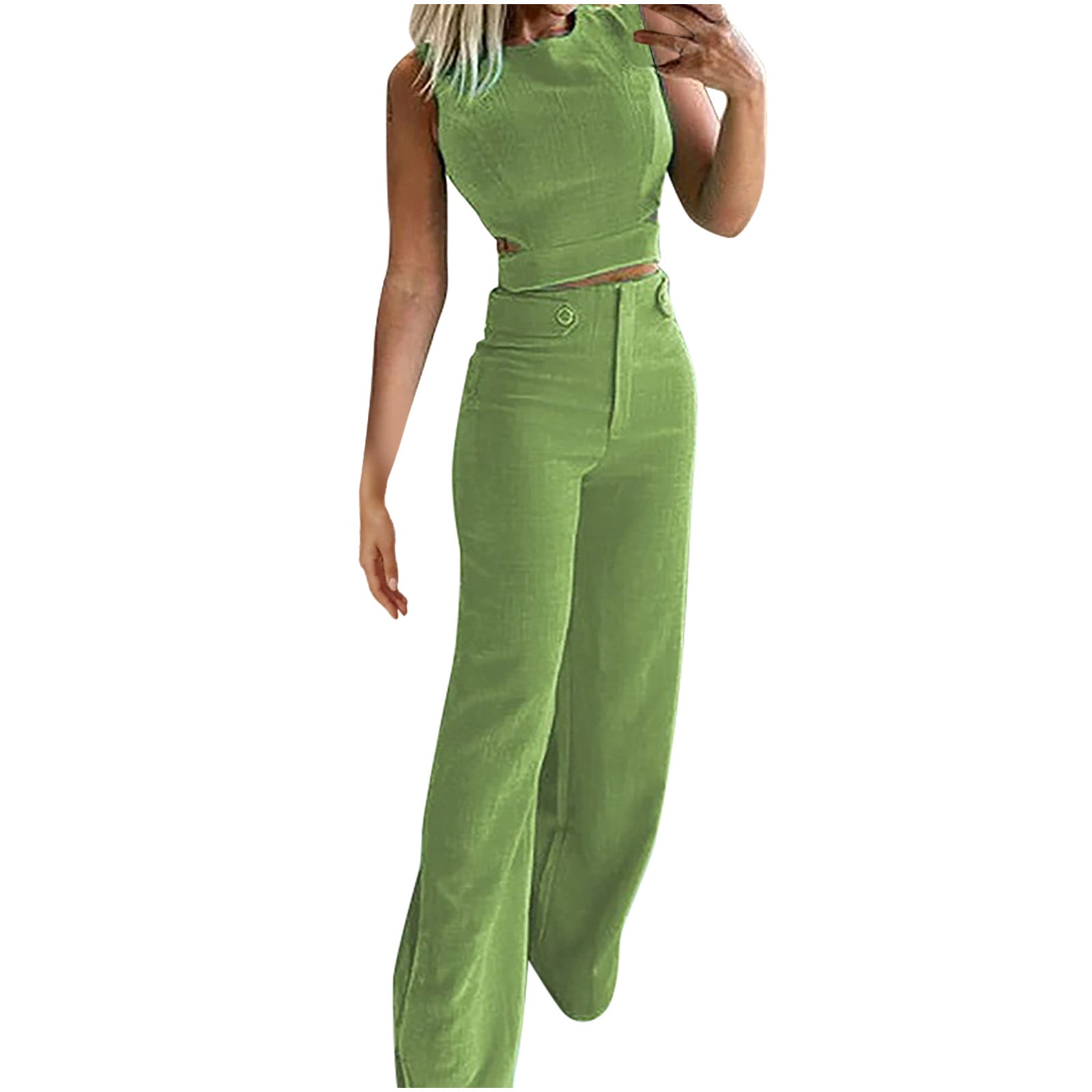 Amvlyk 2 Piece Sets for Women Summer Sleeveless Tops and Wide Leg Pants ...