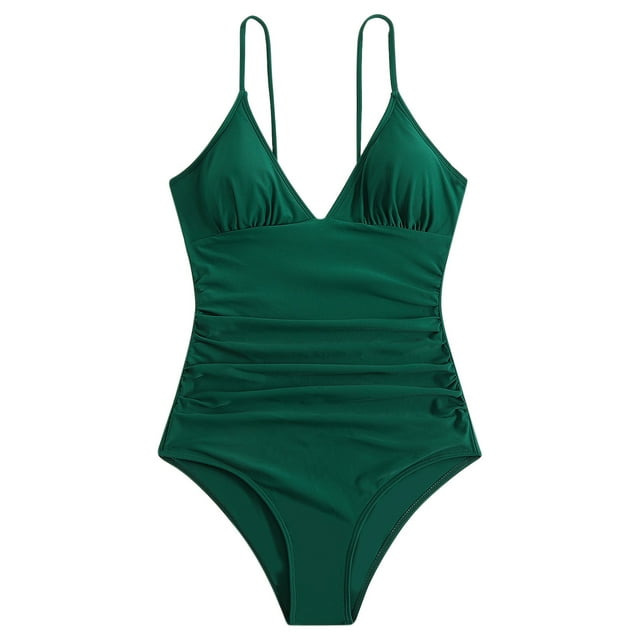 Amvlyk One Piece Swimsuit for Women Solid Color V-Neck Bathing Suits ...