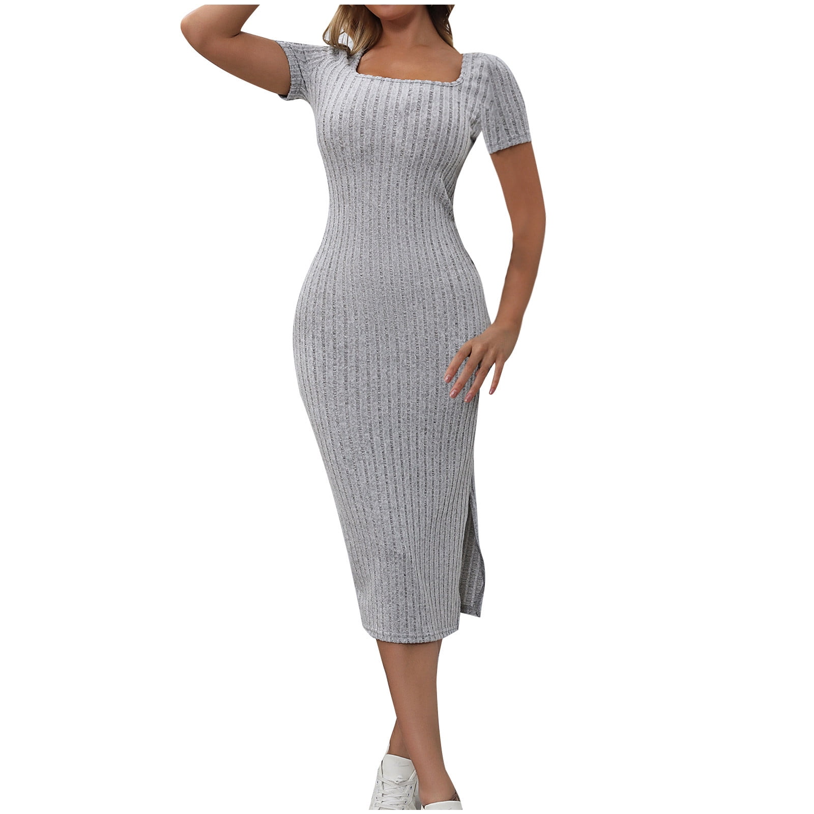 Amvlyk Summer Dresses for Women Square Neck Solid Color Wrap Dress Tea ...