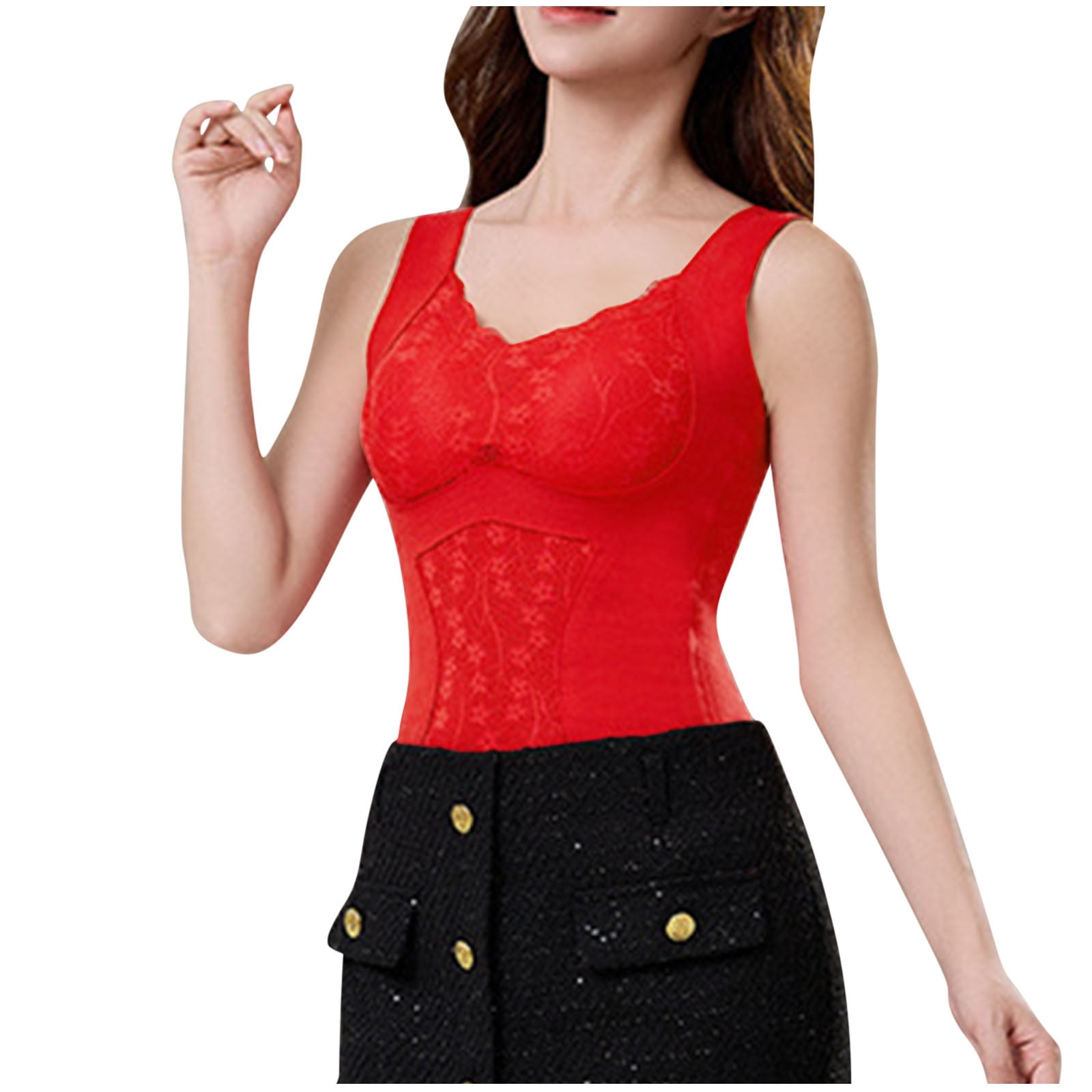 Amvlyk Thermal Fleece Tank Tops for Women Lace Solid Soft Lined Warm ...