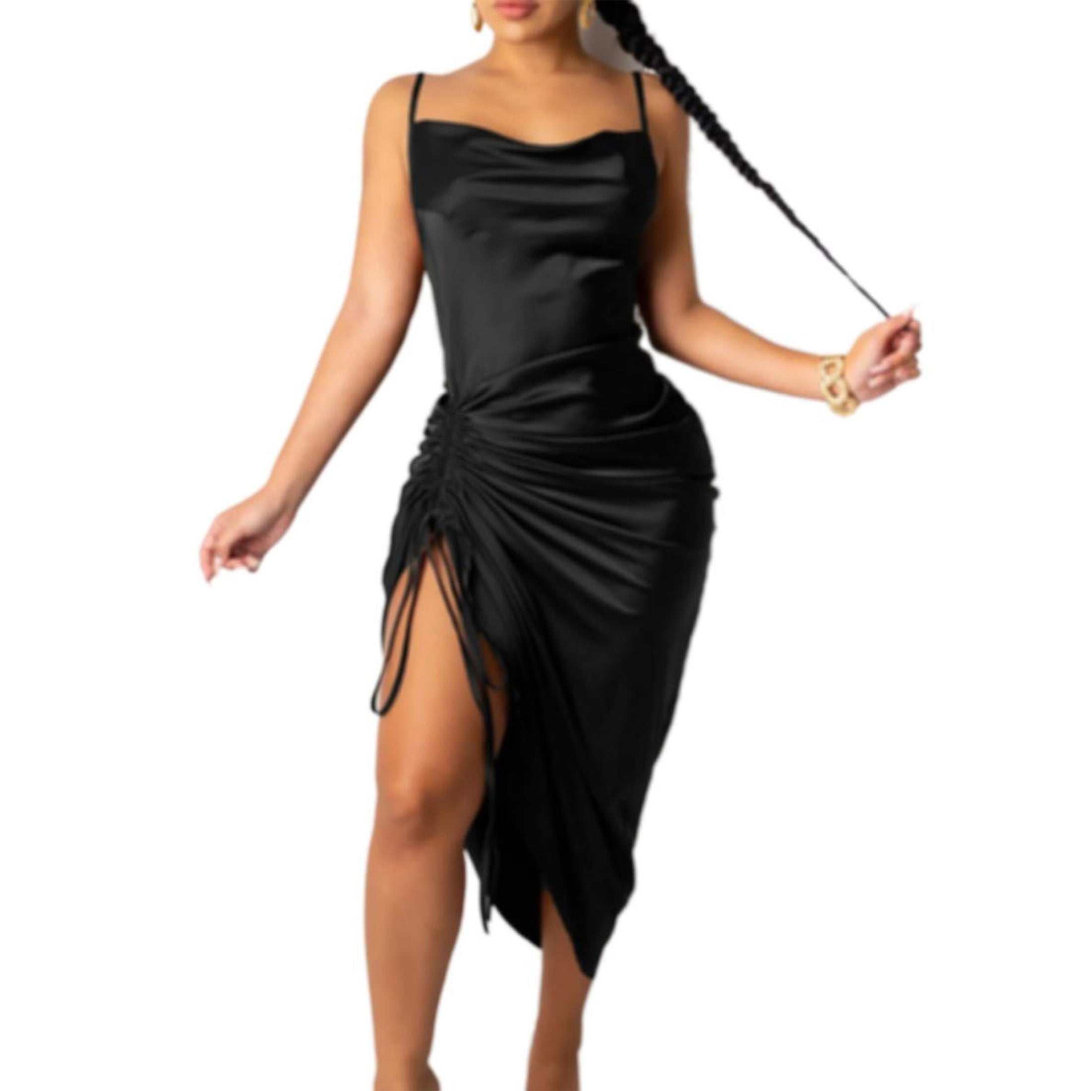 Amy Babe Women's Satin Midi Dress Spaghetti Straps Cowl Neck Drawstring ...