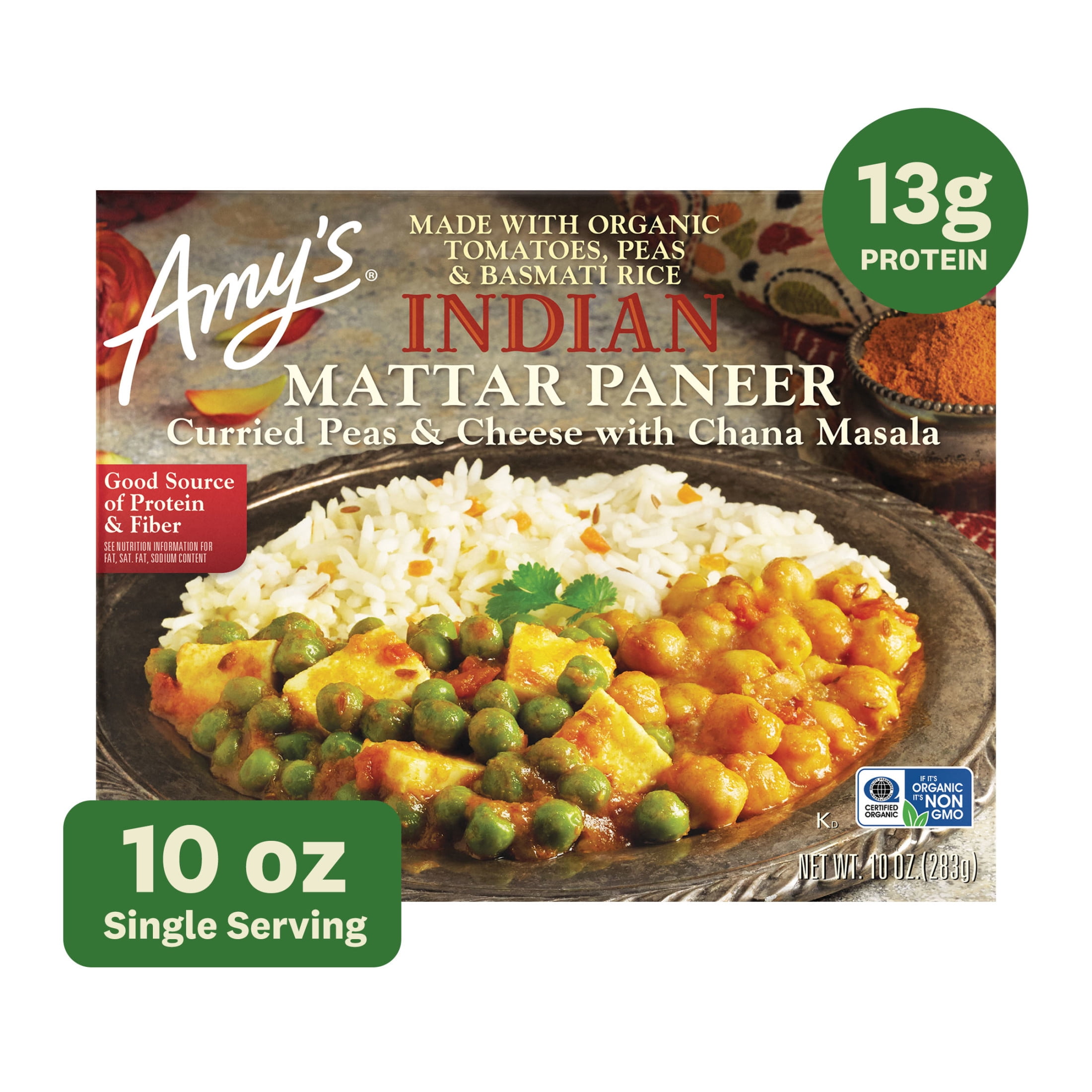 Amy's Frozen Meals, Indian Mattar Paneer Microwave Meal, 10 oz ...
