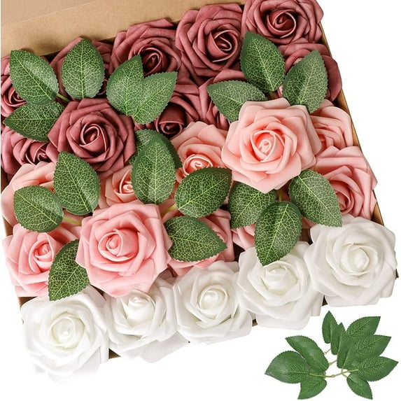 AmyHomie Artificial Flower Dark Red Rose 25pcs Real Looking Fake Roses ...