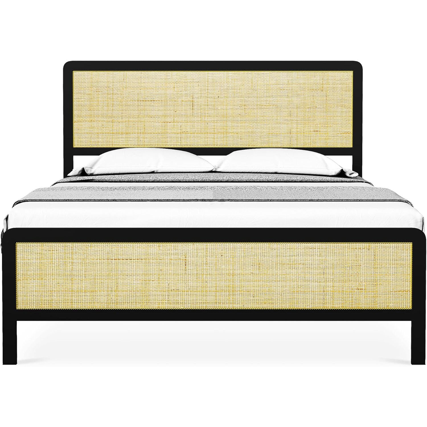 Amyove Queen Size Bed Frame with Natural Rattan Headboard, Bohemian ...