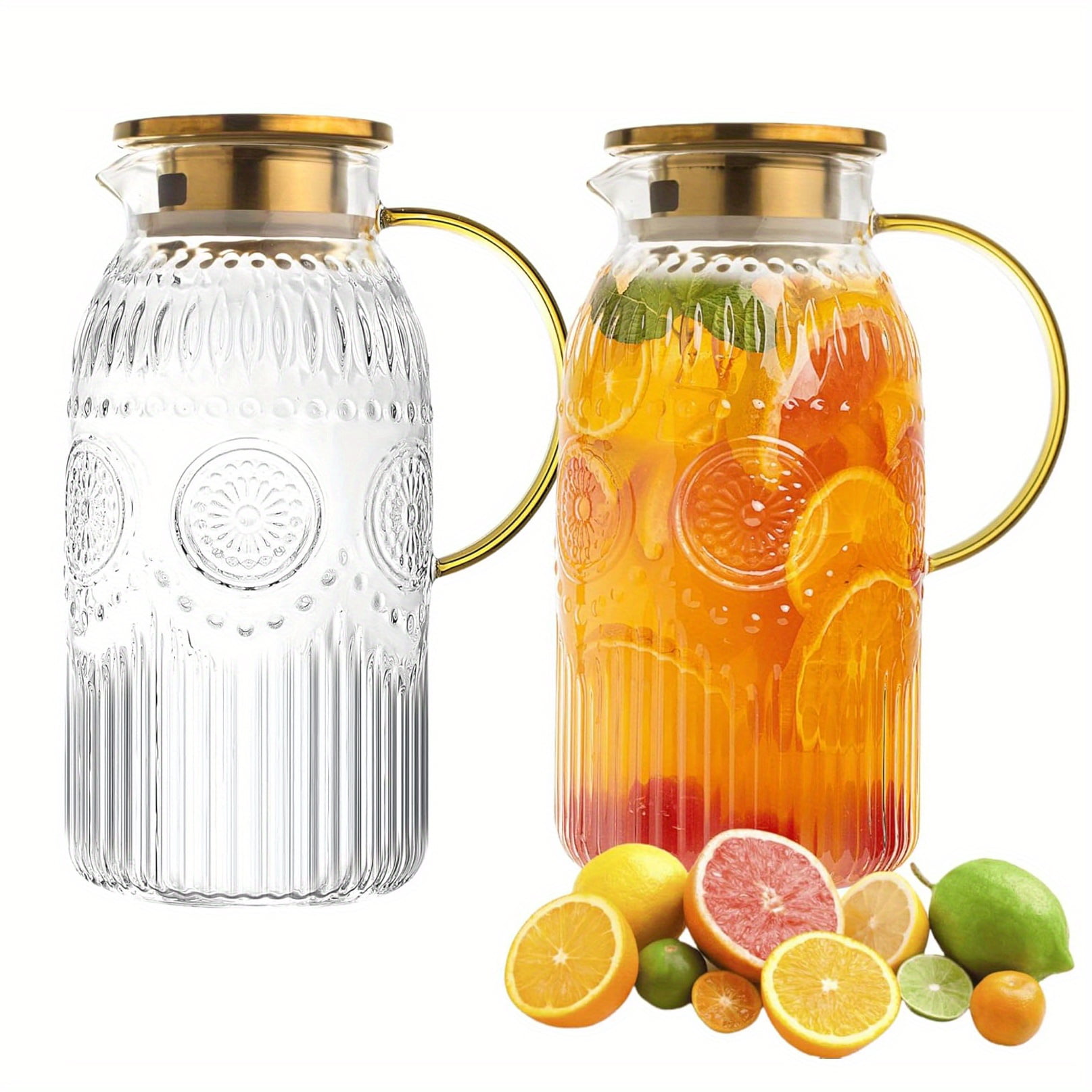 Amzcku 68oz/2 Liter Glass Pitcher with Lid - Vintage Water Jug, Heat ...