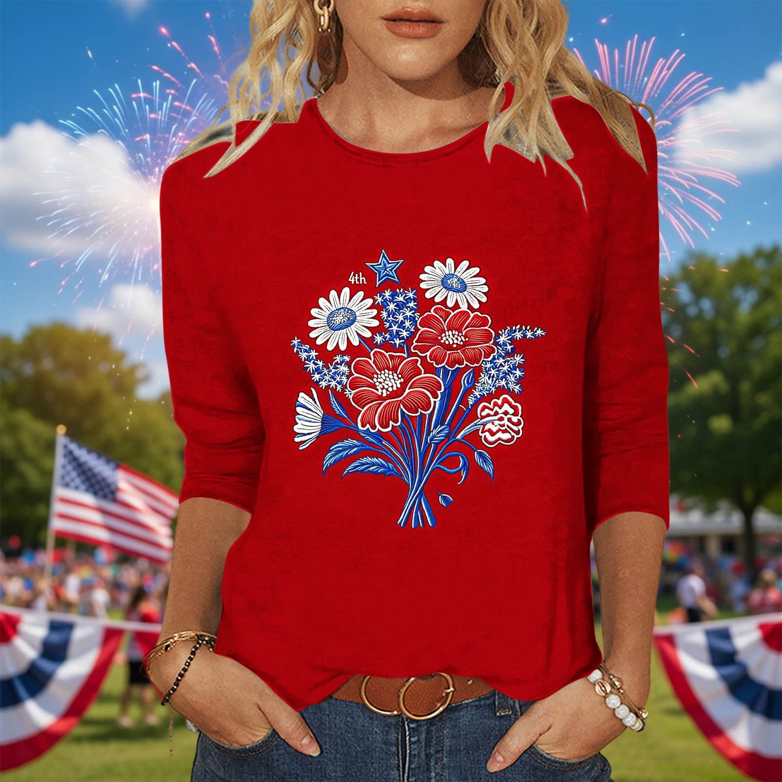Amzcrzy 3/4 Sleeve Tops for Women Lightweight 4Th Of July Crew Neck ...