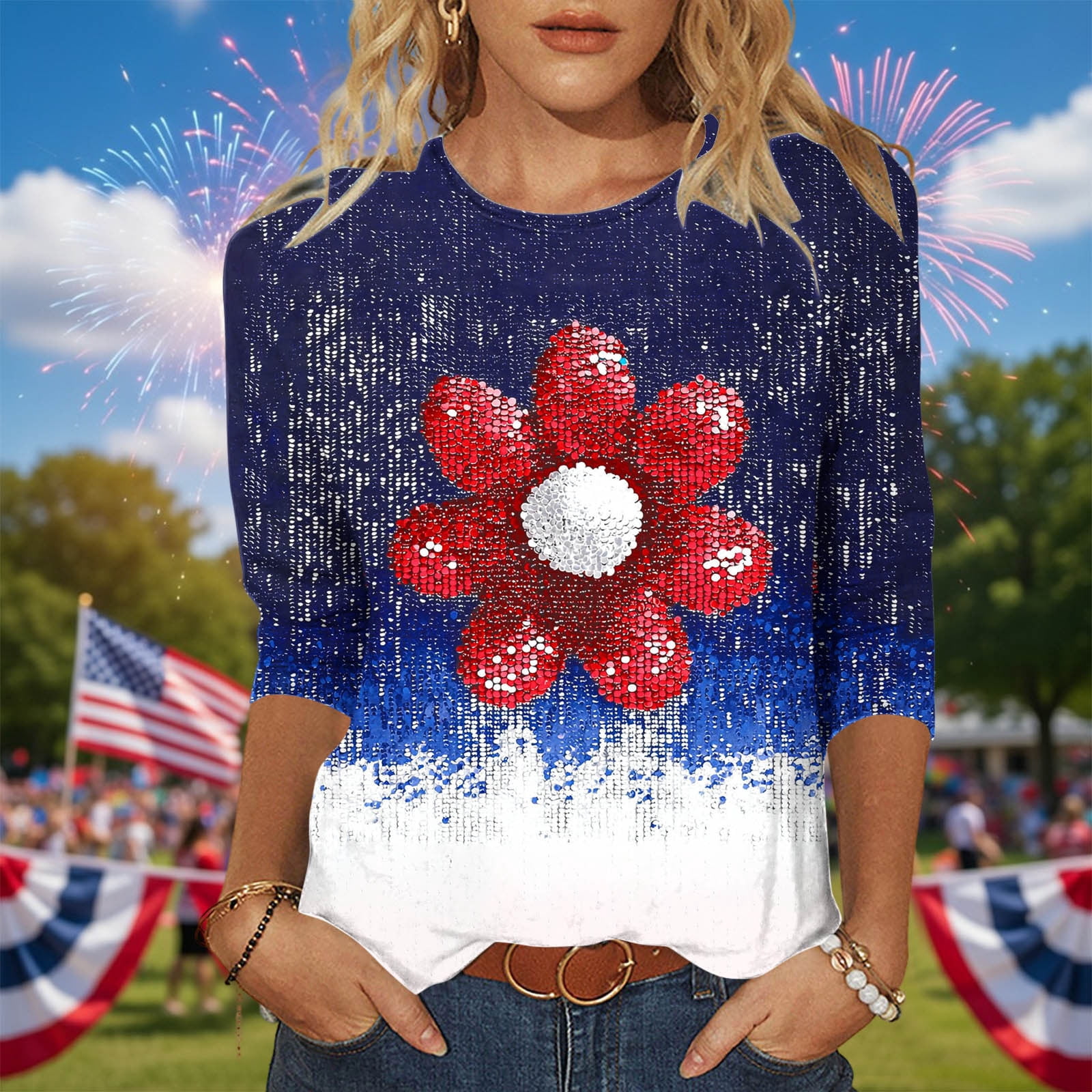 Amzcrzy 3/4 Sleeve Tops for Women Lightweight 4Th Of July Crew Neck ...