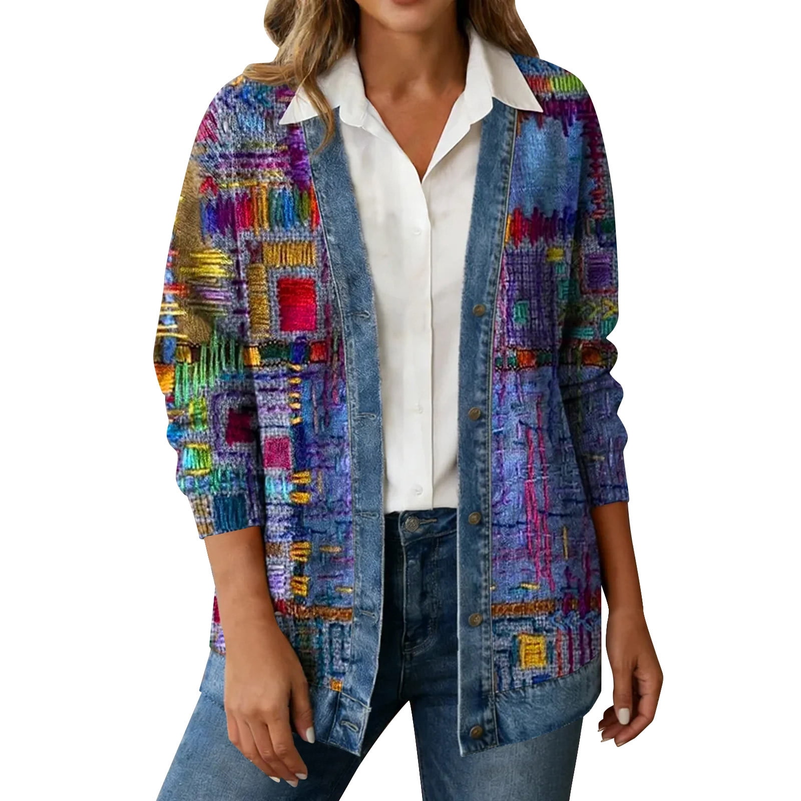 Amzcrzy Denim Jacket for Women Long Sleeve Unique Geometric Print ...