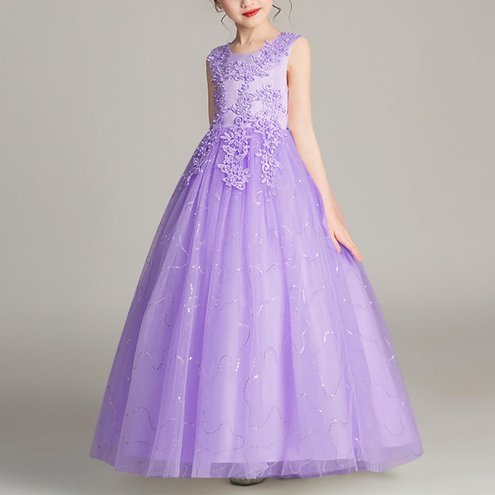 Amzcrzy Girls Dress 4-14 Years Solid Color Crew Neck Sleeveless Tulle ...