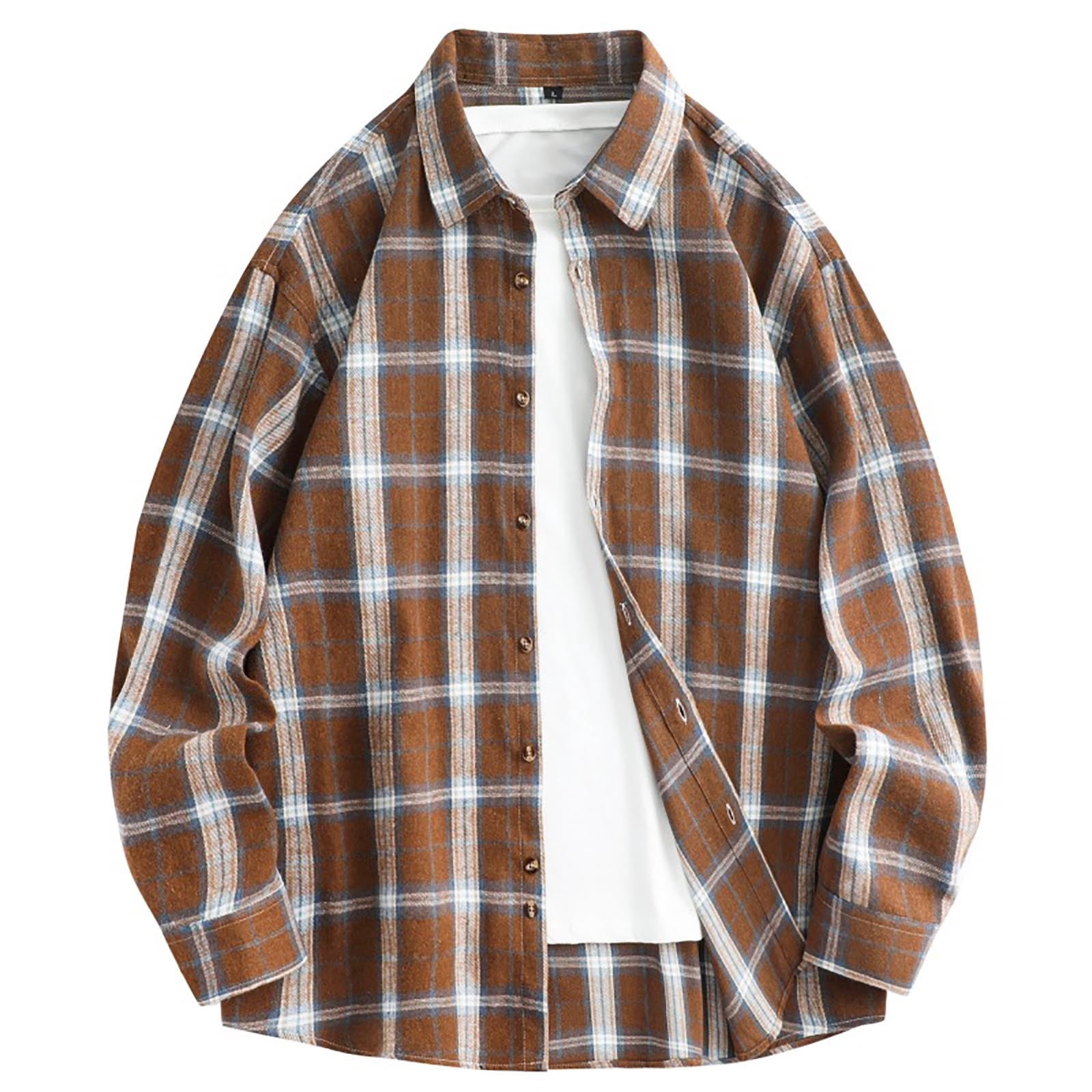 Amzcrzy Men's Shirts Long Sleeve Button Plaid Shirts Cotton Regular ...