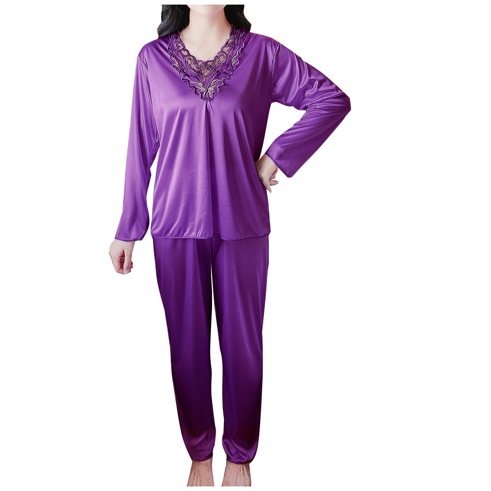 Amzcrzy Plus Size Silk Pajama For Women Lace Long Sleeve V Neck Satin Pj Set Two Piece Soft
