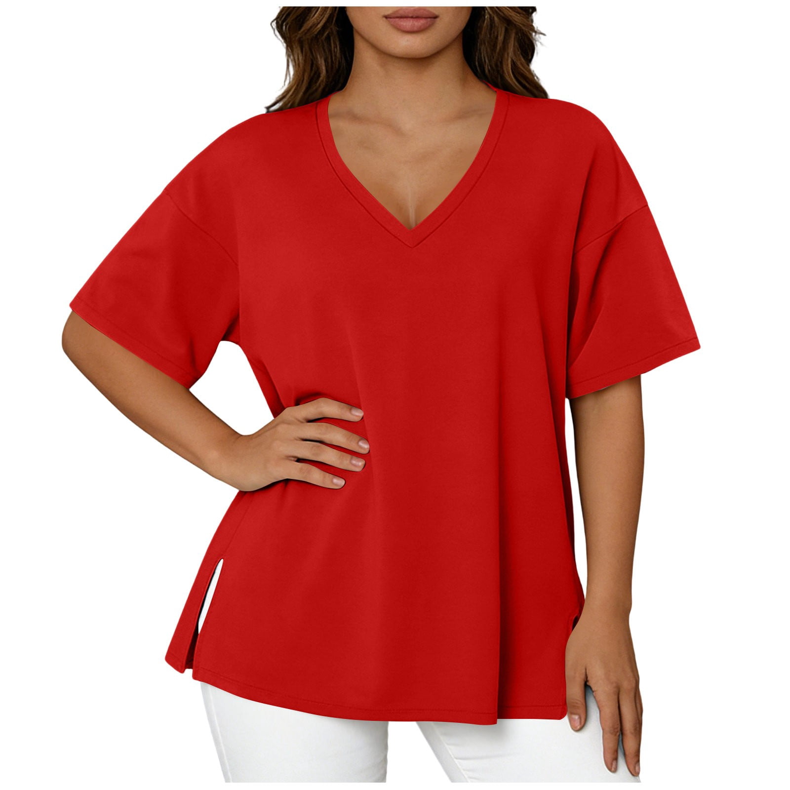 Amzcrzy Plus Size Tops for Women Versatile Casual Solid Color Summer ...