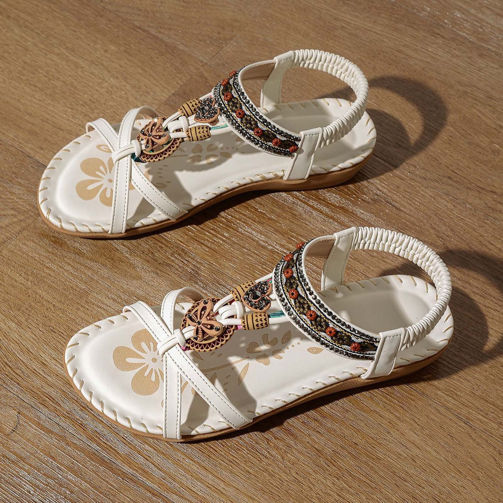 Amzcrzy Sandals Women 2026 Casual Boho Flat Sandals for Women Beaded ...