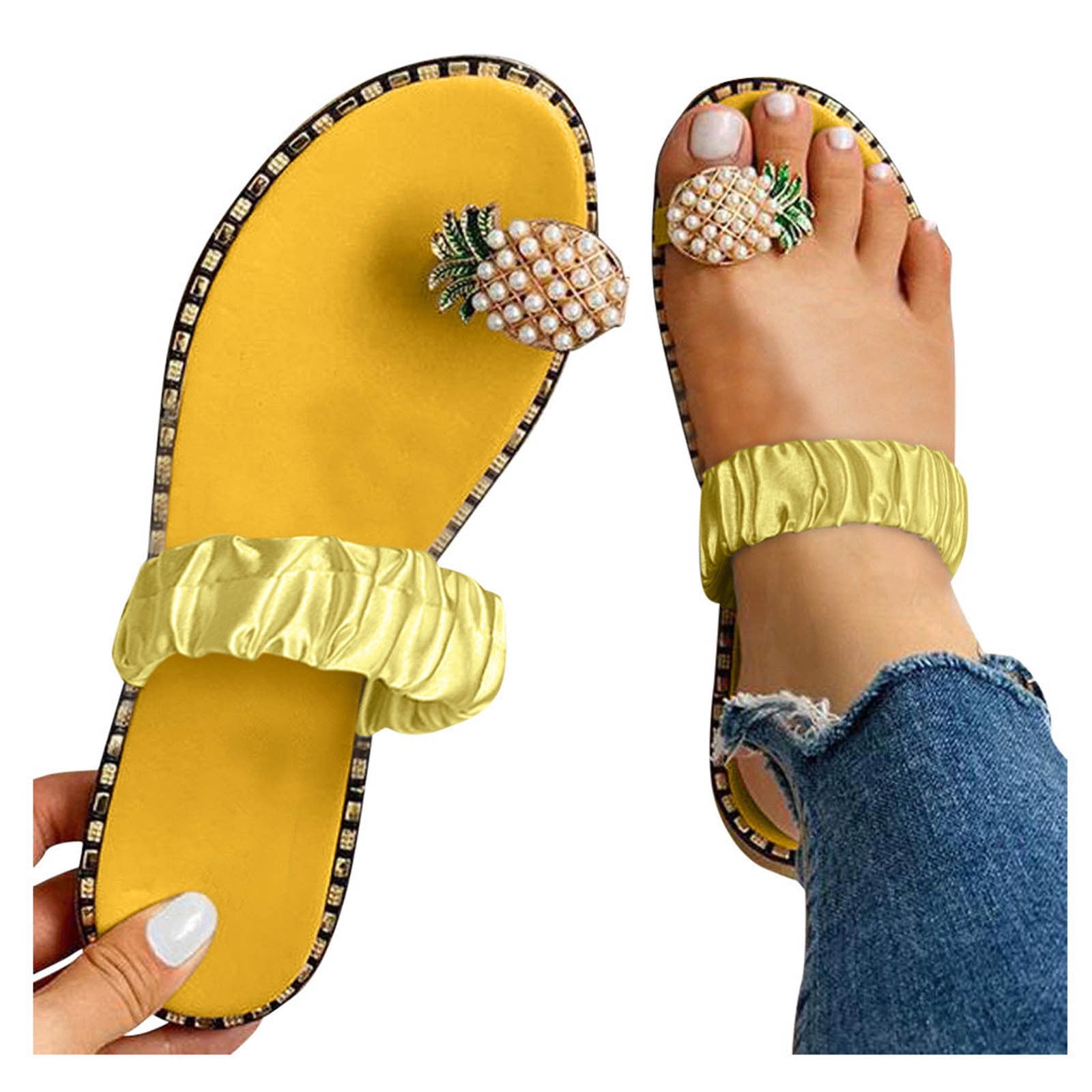 Amzcrzy Sandals for Women Flat,Fashion Beach Sandals Sweet Cute Pearls ...