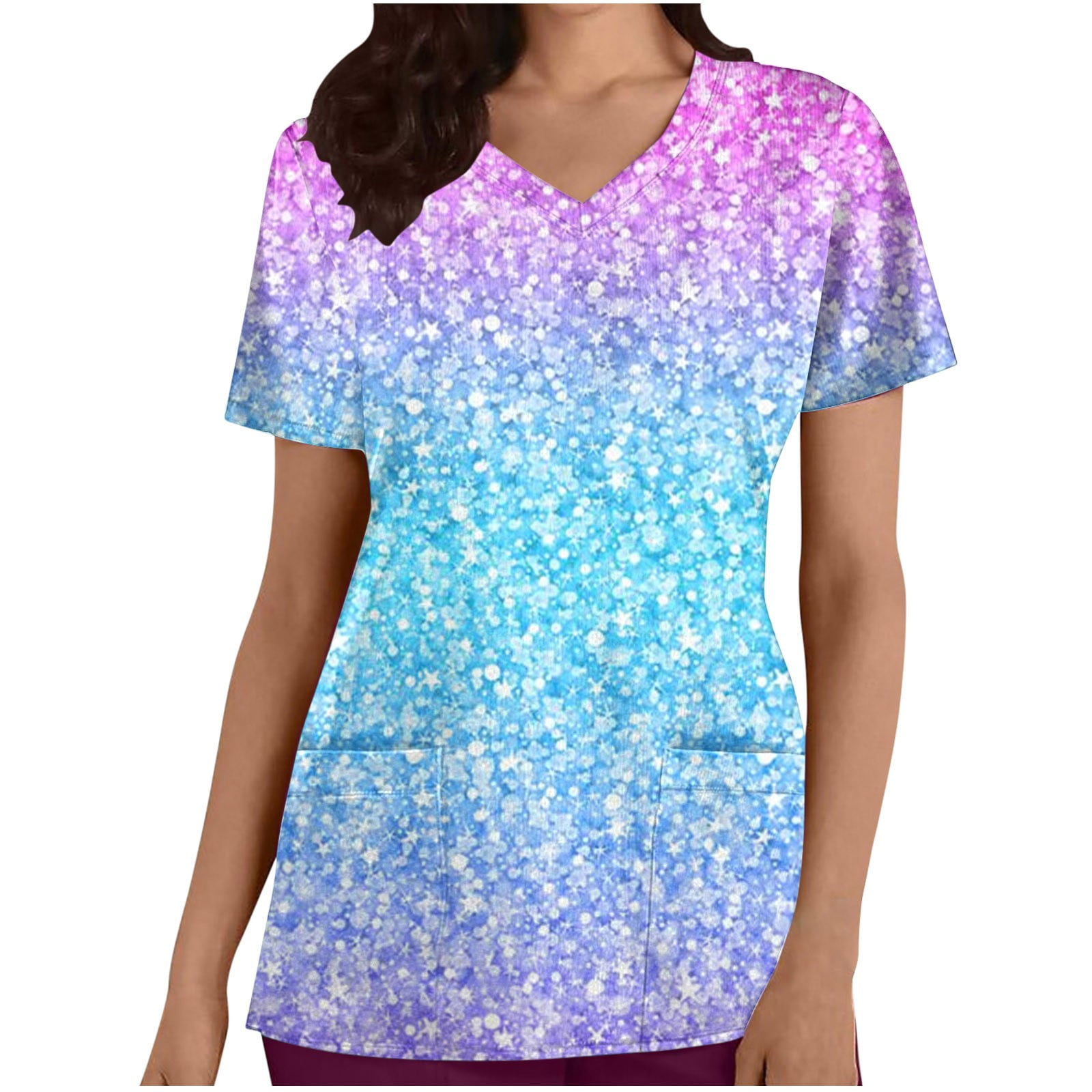 Amzcrzy Scrub Uniforms Women Sequin Print Holiday Short Sleeve V-neck ...