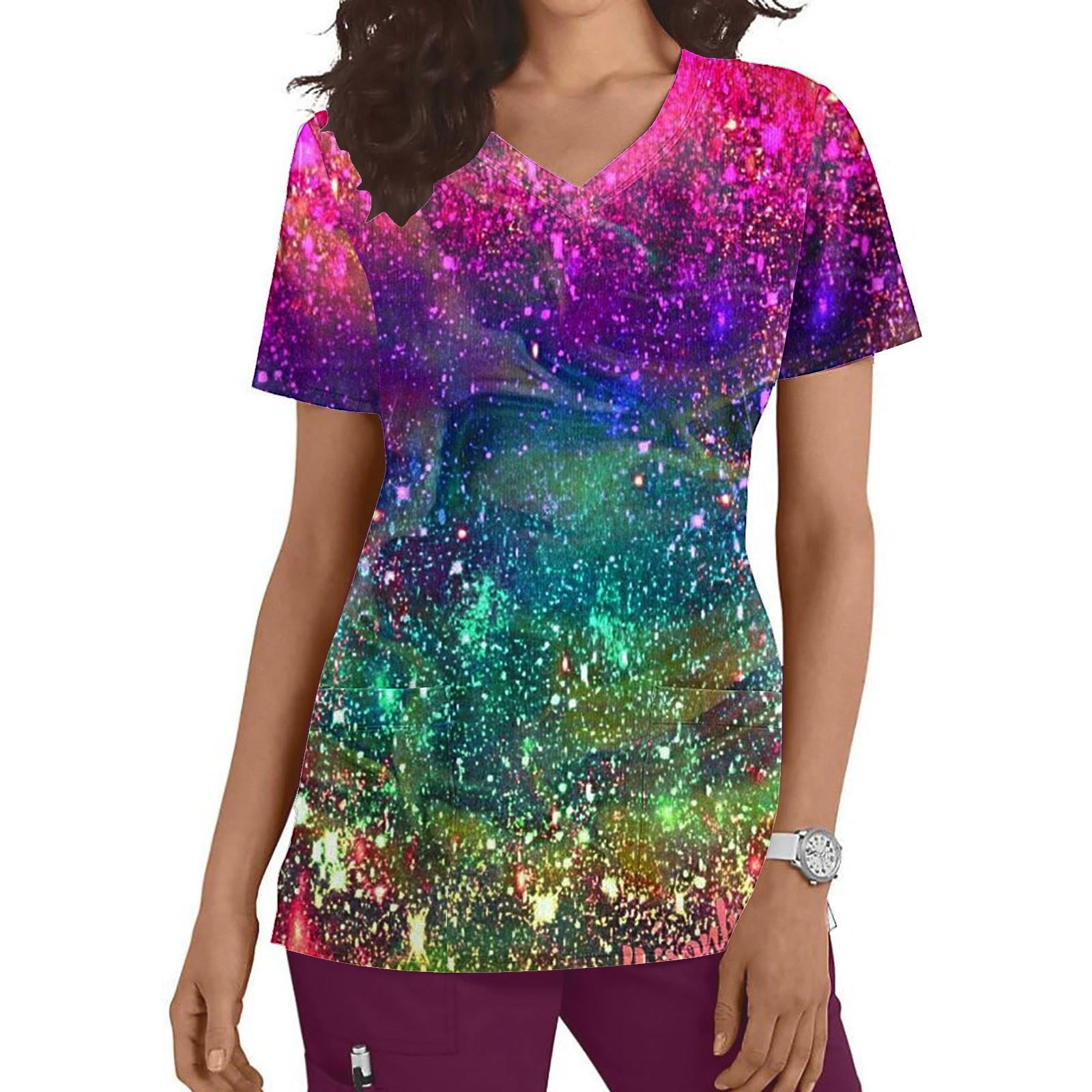 Amzcrzy Scrub Uniforms Women Sequin Print Holiday Short Sleeve V-neck ...