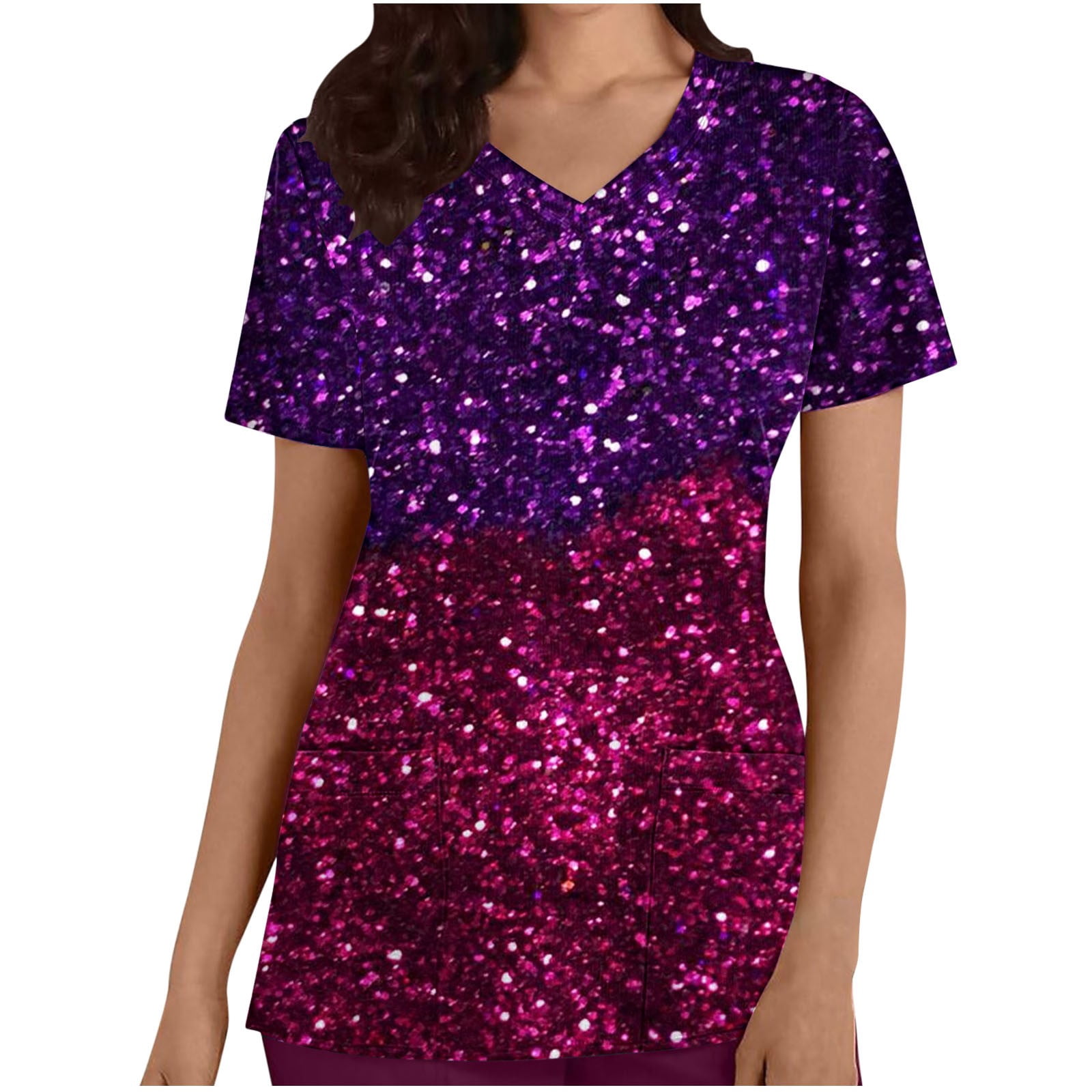 Amzcrzy Scrub Uniforms Women Sequin Print Holiday Short Sleeve V-neck ...