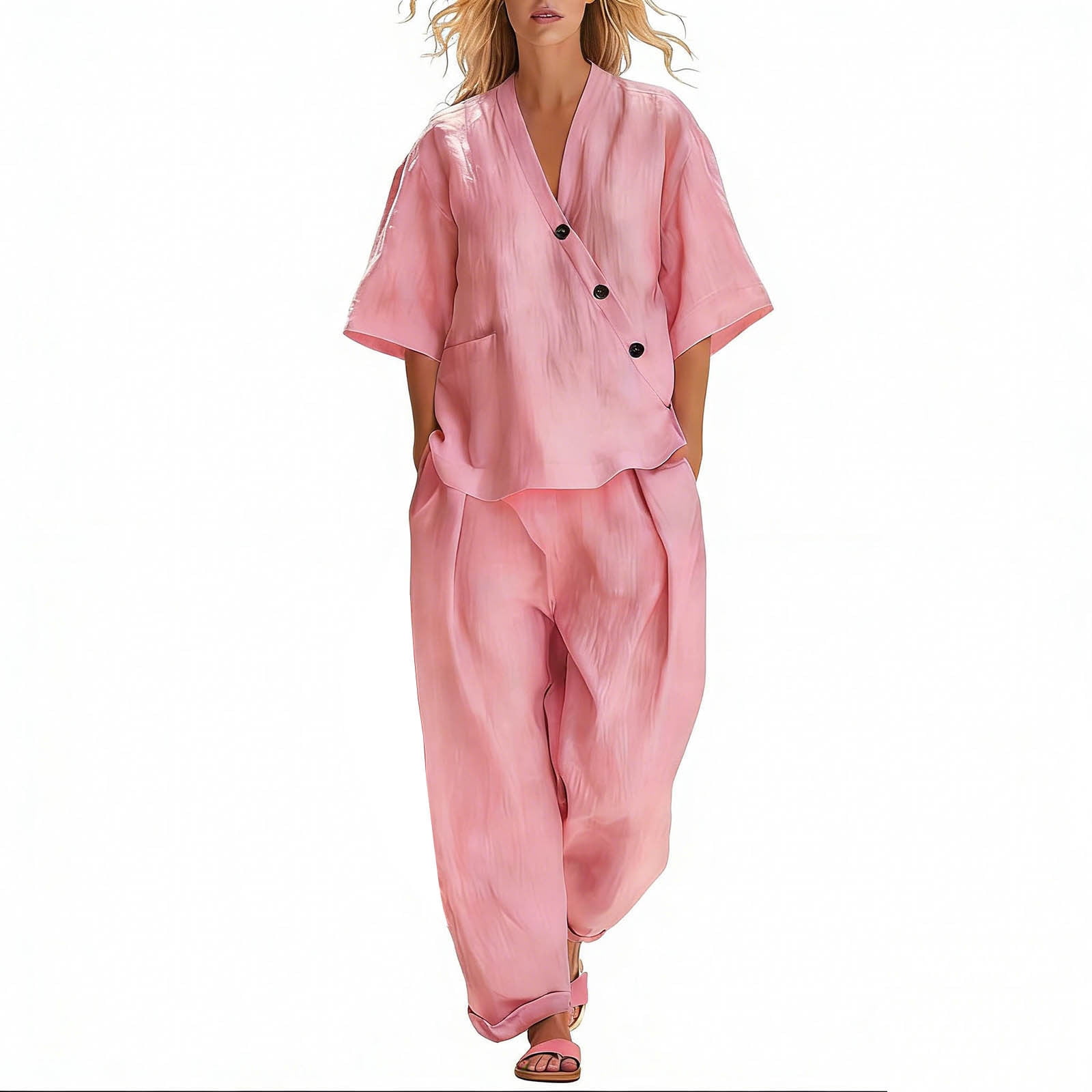 Amzcrzy Two Piece Sets for Women 2026 Oversized V Neck Linen Sets for ...