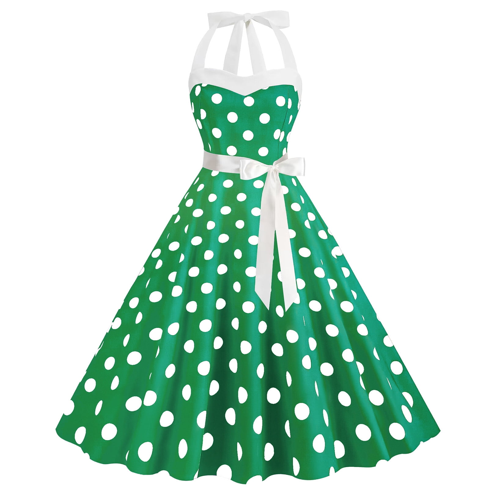 Amzcrzy Vintage Midi Dress for Women 1950s Retro A-Line Halter Dress with Polka Dot Bow Audrey ...