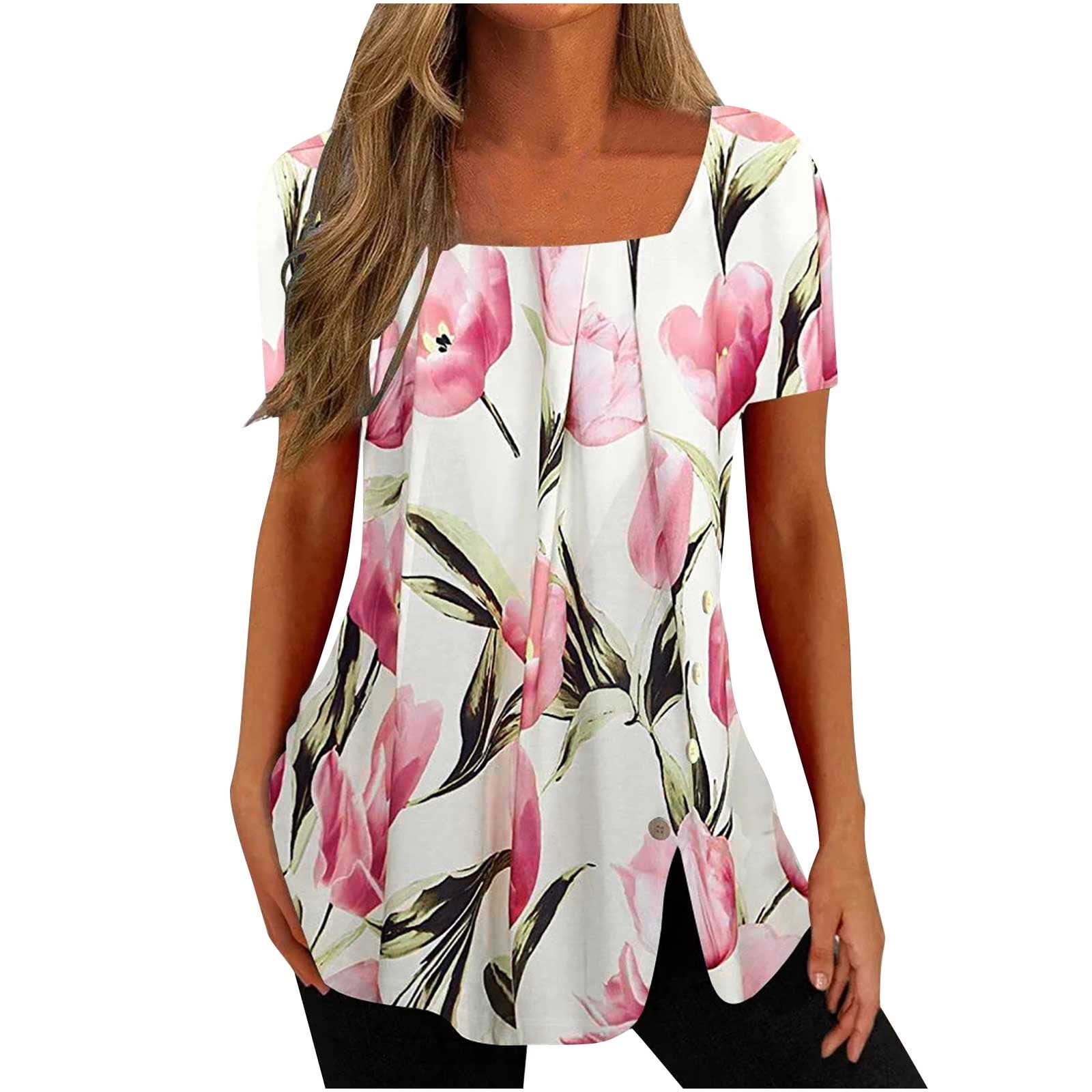 Amzcrzy Women's Floral Plus Size Tops Summer Scoop Neck Short Sleeve ...