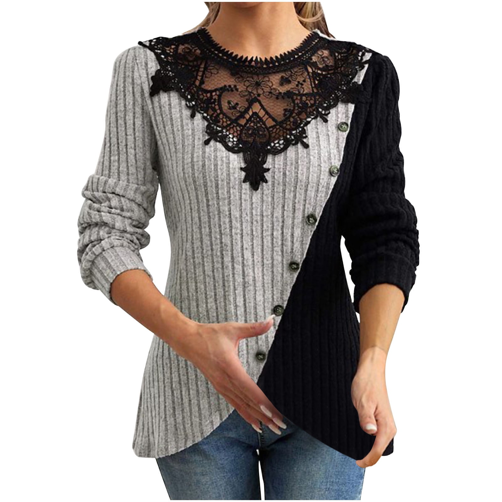 Amzcrzy Women's Long Sleeve Lace Trim Tunic Tops Button Down Casual ...