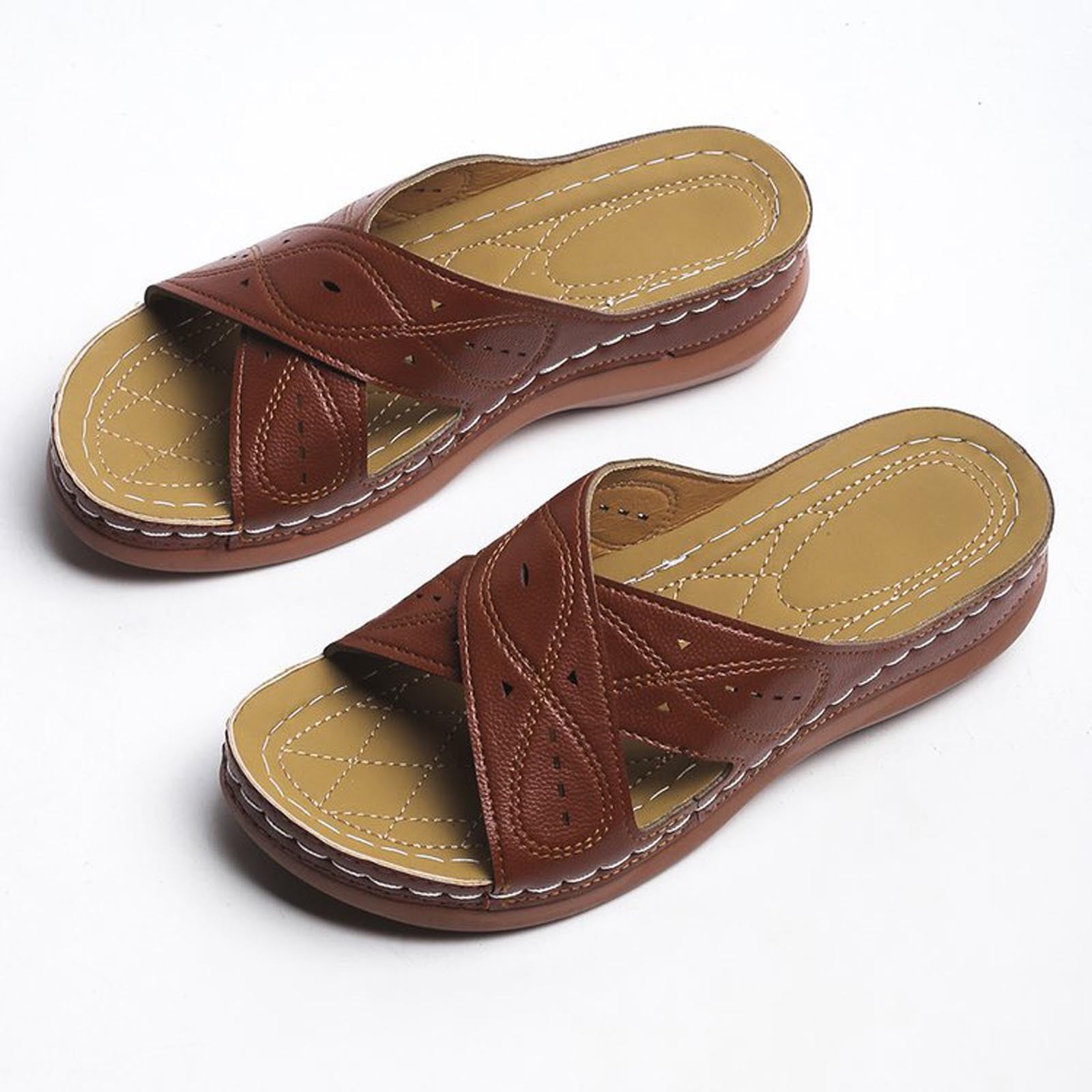 Amzcrzy Women's Sandals Plain Criss Cross Leather Sandal Wedge Slippers ...