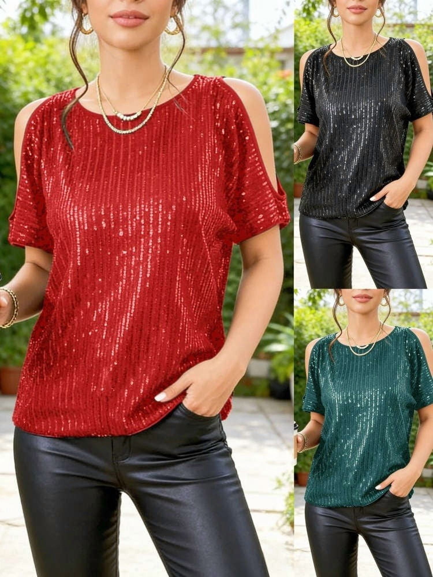 Amzcrzy Women's Sequin Sparkly Tops Cap Sleeve Crew Neck Dressy Blouses ...