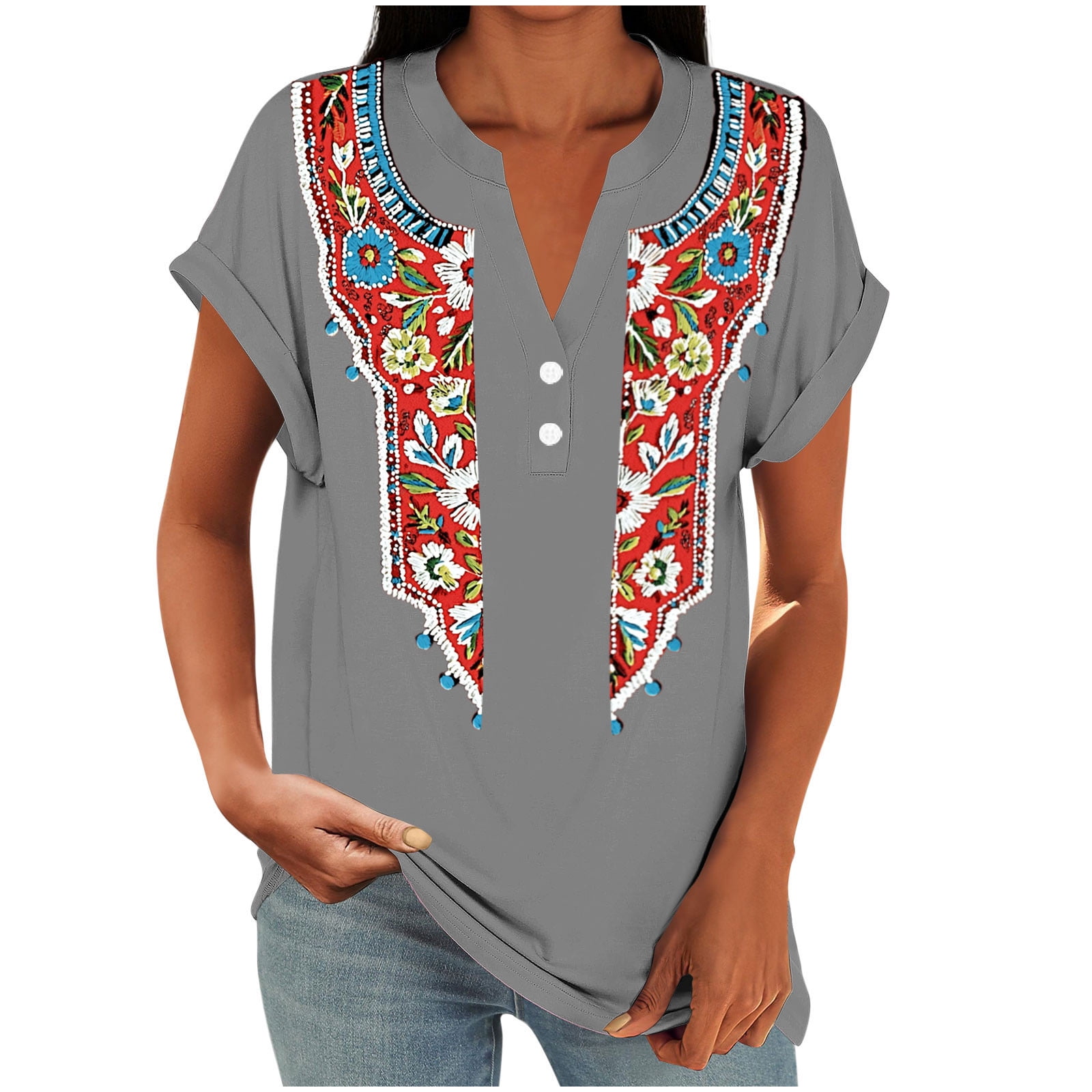 Amzcrzy Womens Blouses Floral Embroidered V Neck Tshirts Shirts for ...