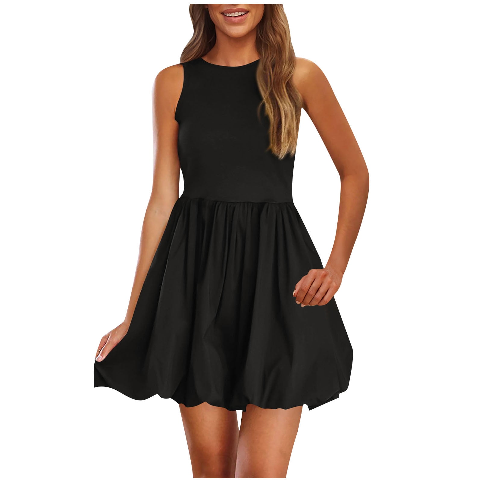 Amzcrzy Womens Bubble Tank Dress, Sleeveless Puffy Drop Waist Formal Dress Solid Color Square ...