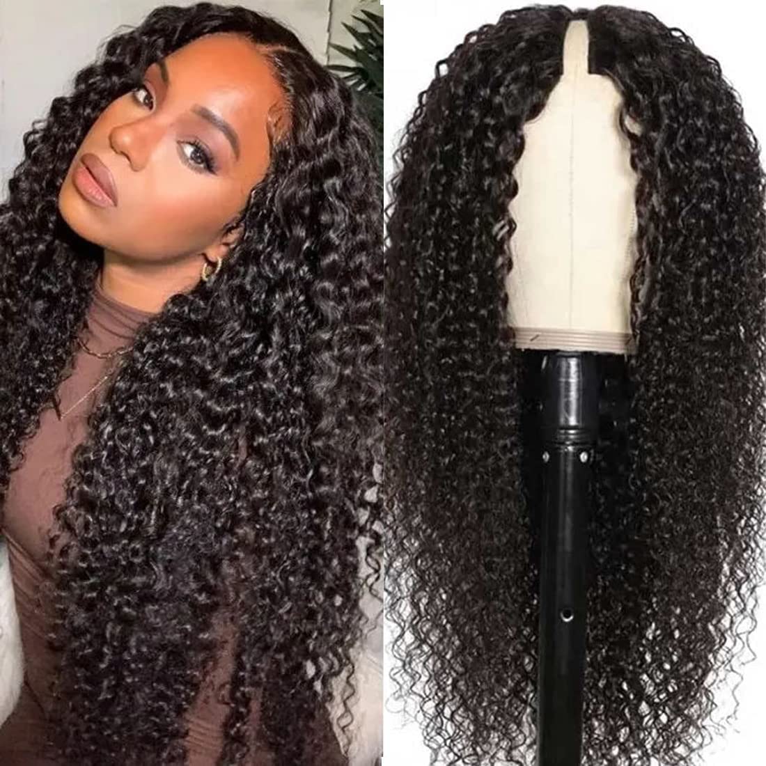Amznlady Curly V Part Wig Human Hair Brazilian Human Hair Wigs for ...