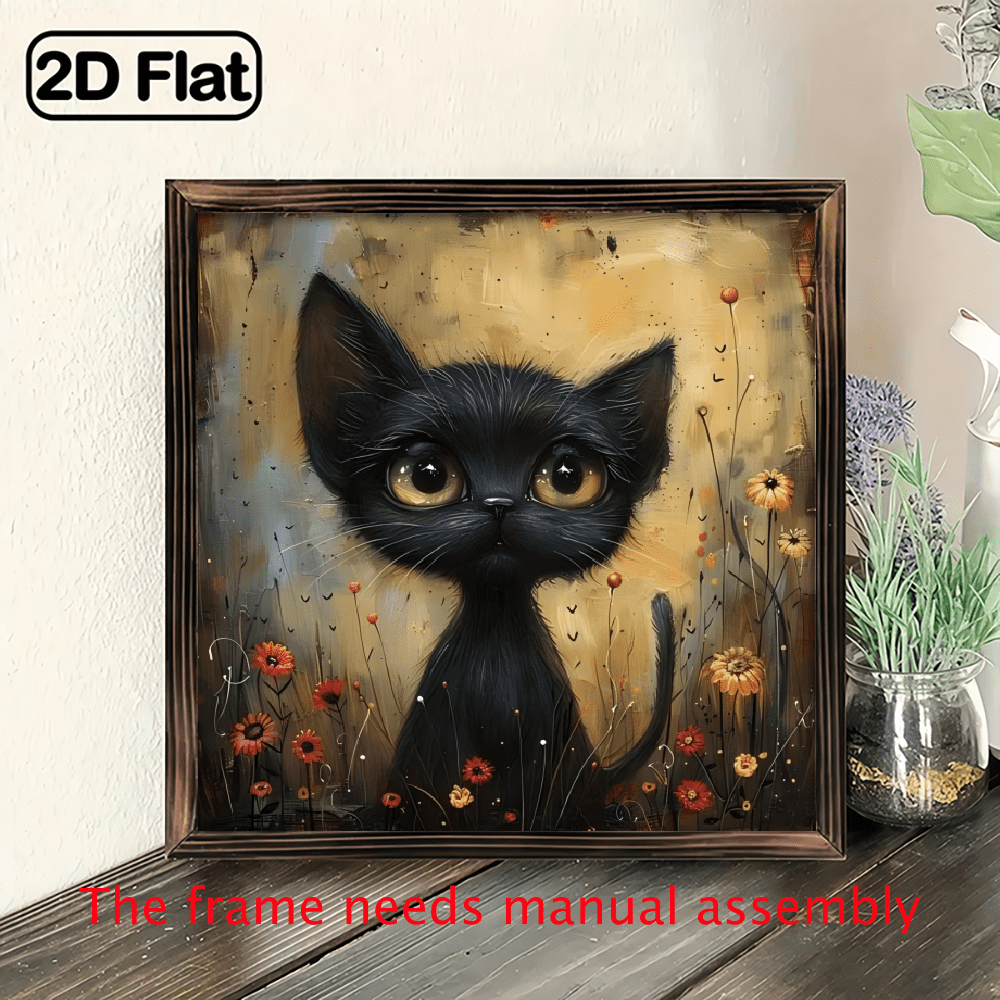 An 8-inch 2D flat "Black Cat and Daisies" wooden framed painting, a ...