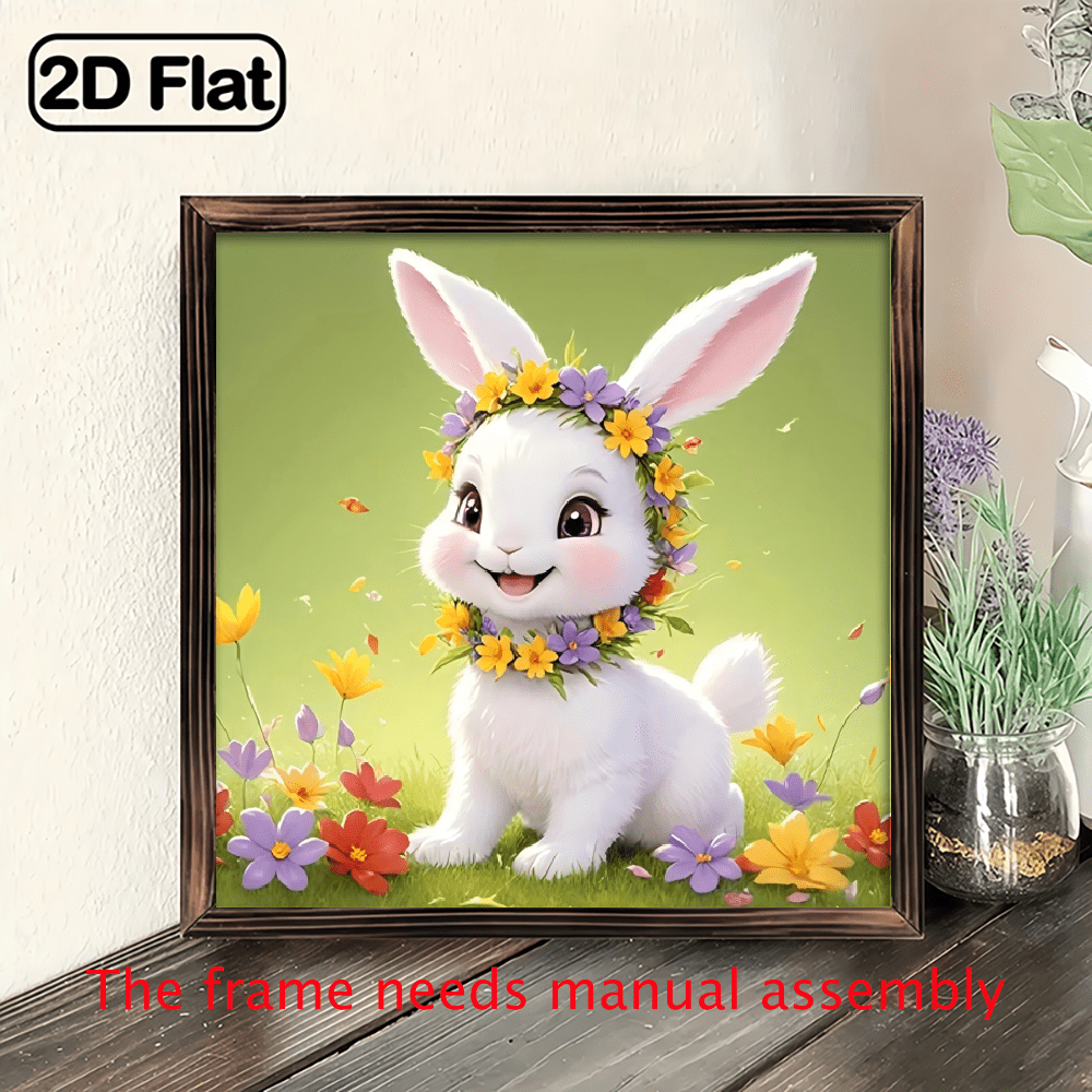 An 8-inch 2D flat wooden frame painting of "Little White Rabbit Wearing ...