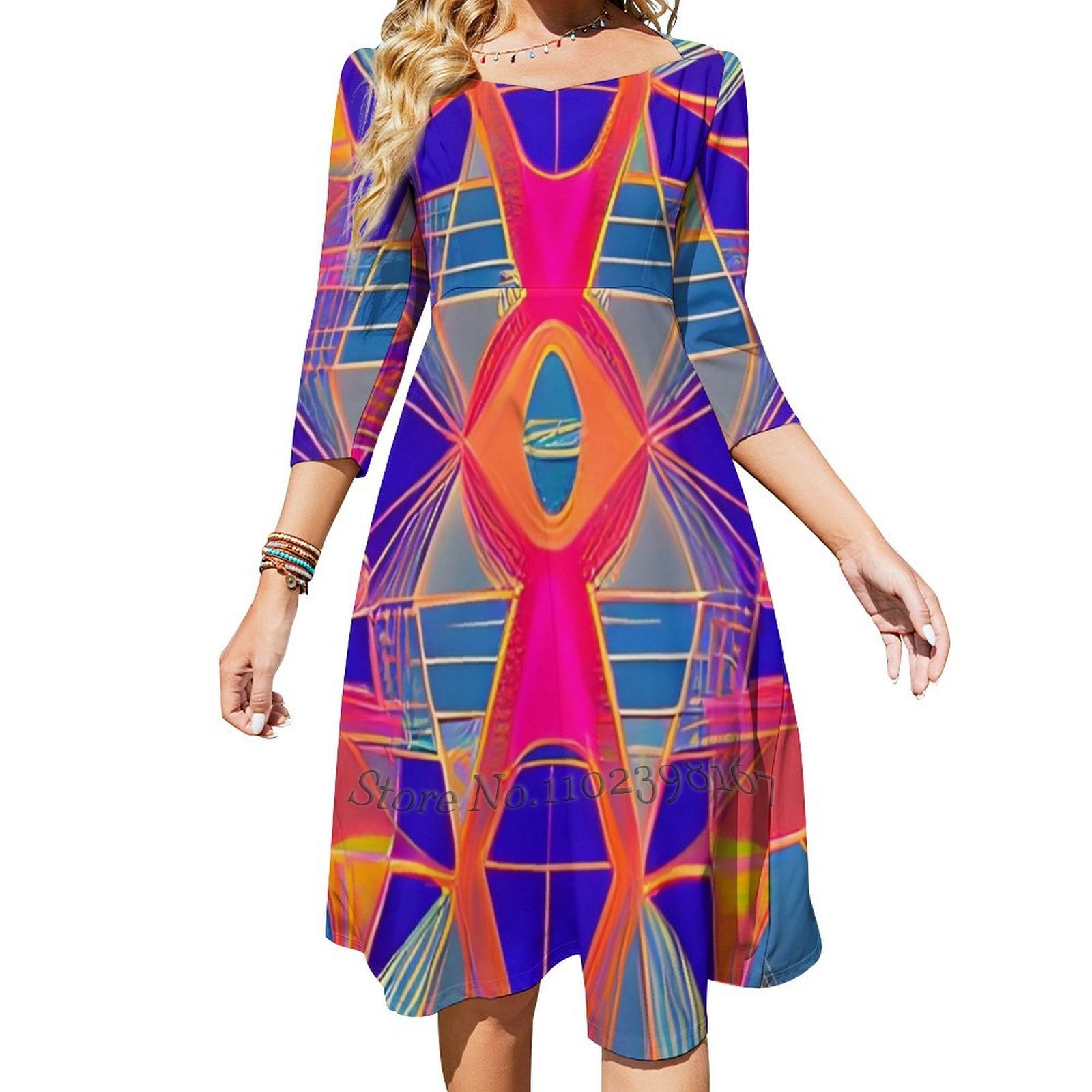 An Abstract Four-Dimensional Eyes Square Neck Dress Sweet Summer Dress ...