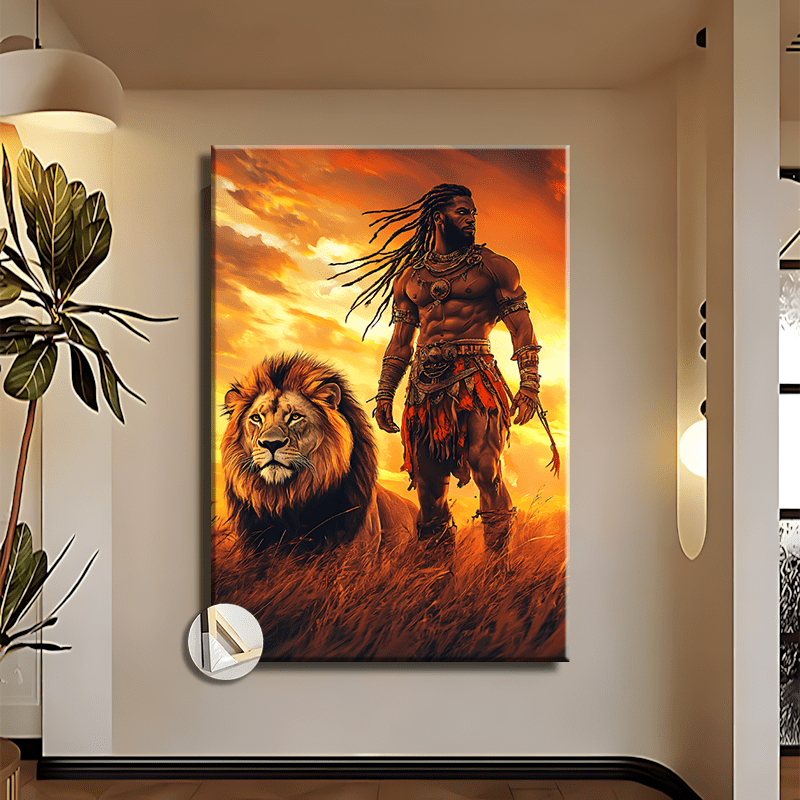An African warrior and his legendary loyal lion Poster Canvas Print ...