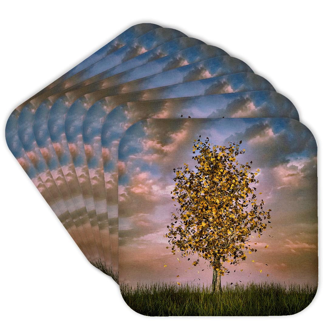 3drose, an Autumn Tree with Leaves Blowing Off and a Beautiful Sunset ...