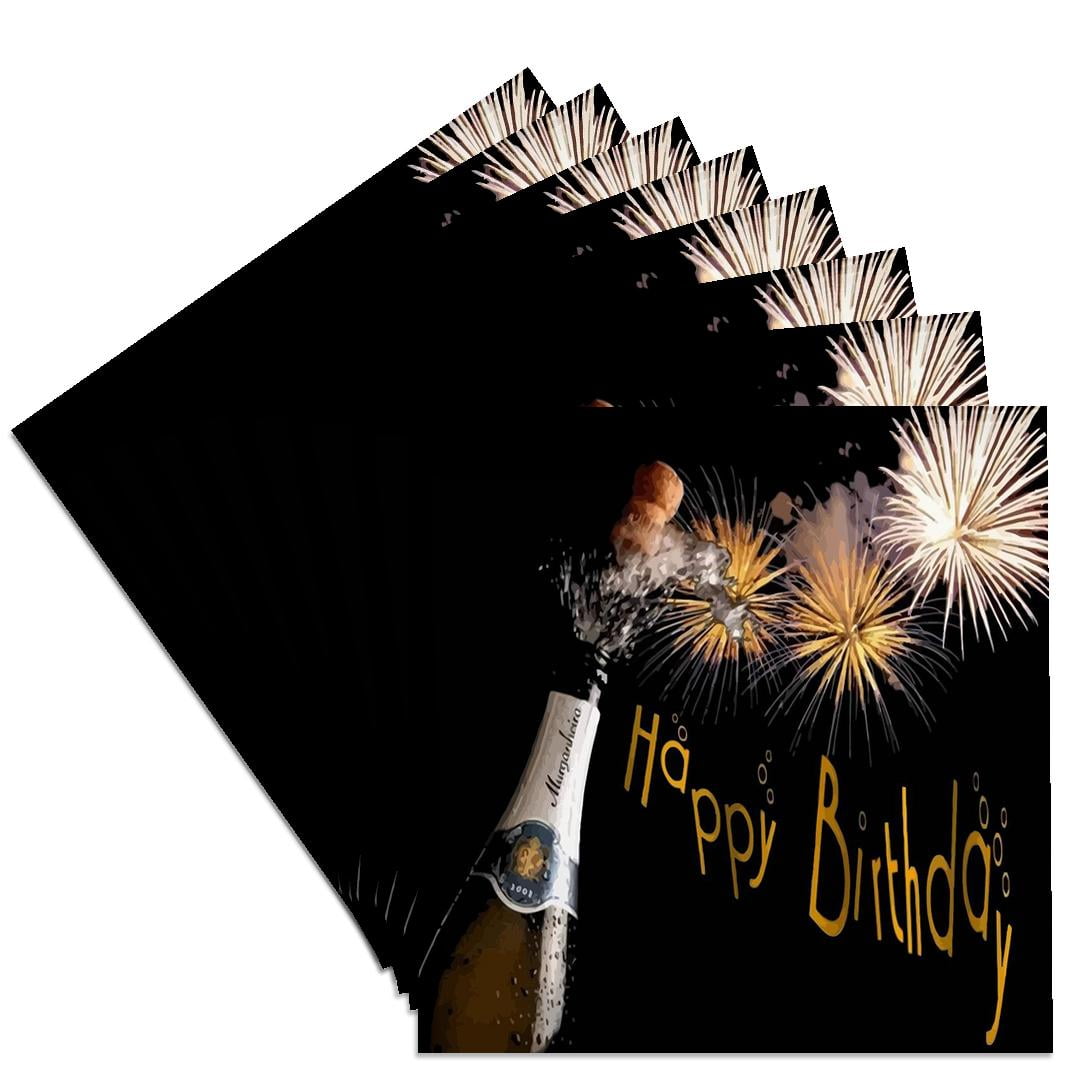 3drose, an Exploding Cork and Fireworks on Black with Happy Birthday Text, Set of 8 Ceramic Tile ...