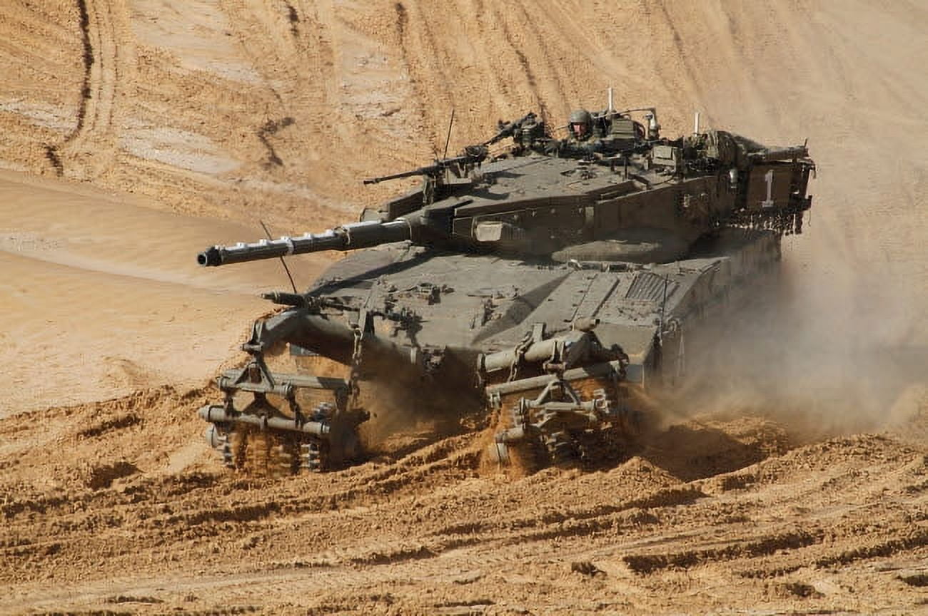 An Israel Defense Force Merkava Mark II battle tank with mine clearing ...