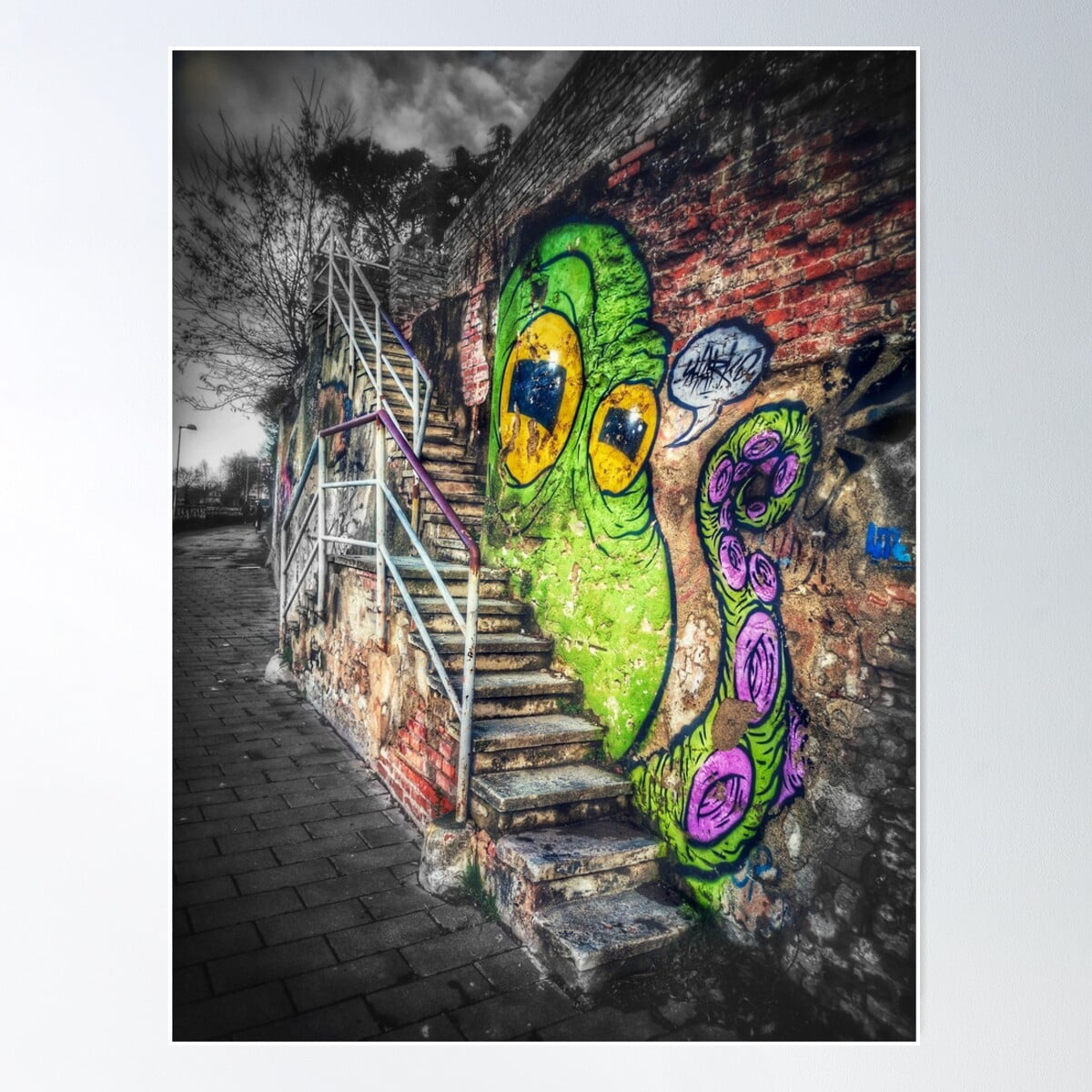 An Octopus Graffiti Art Near A Street Stair Poster Wall Art, Modern ...