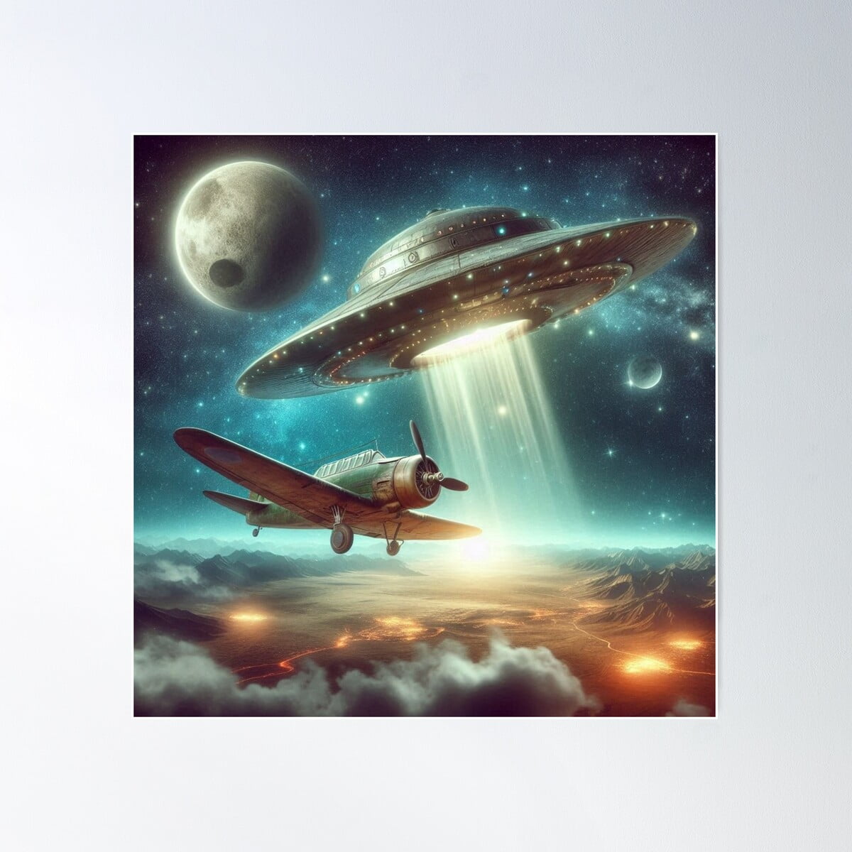 An Old Airplane And Ufo Encounter In Space Poster Wall Art, Modern Wall ...