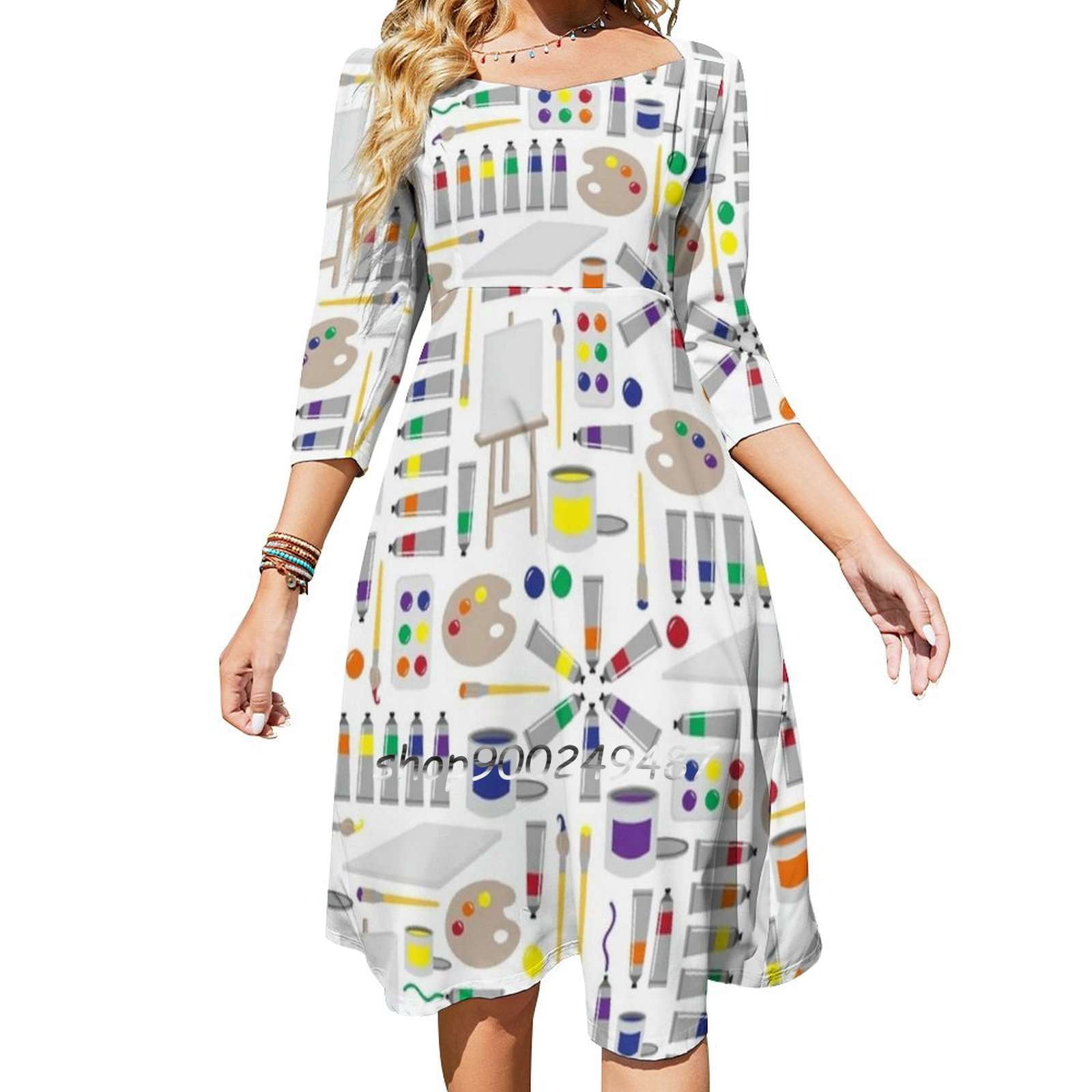 An 'S Palette Square Neck Dress Cute Loose Print Dresses Elegant Beach ...
