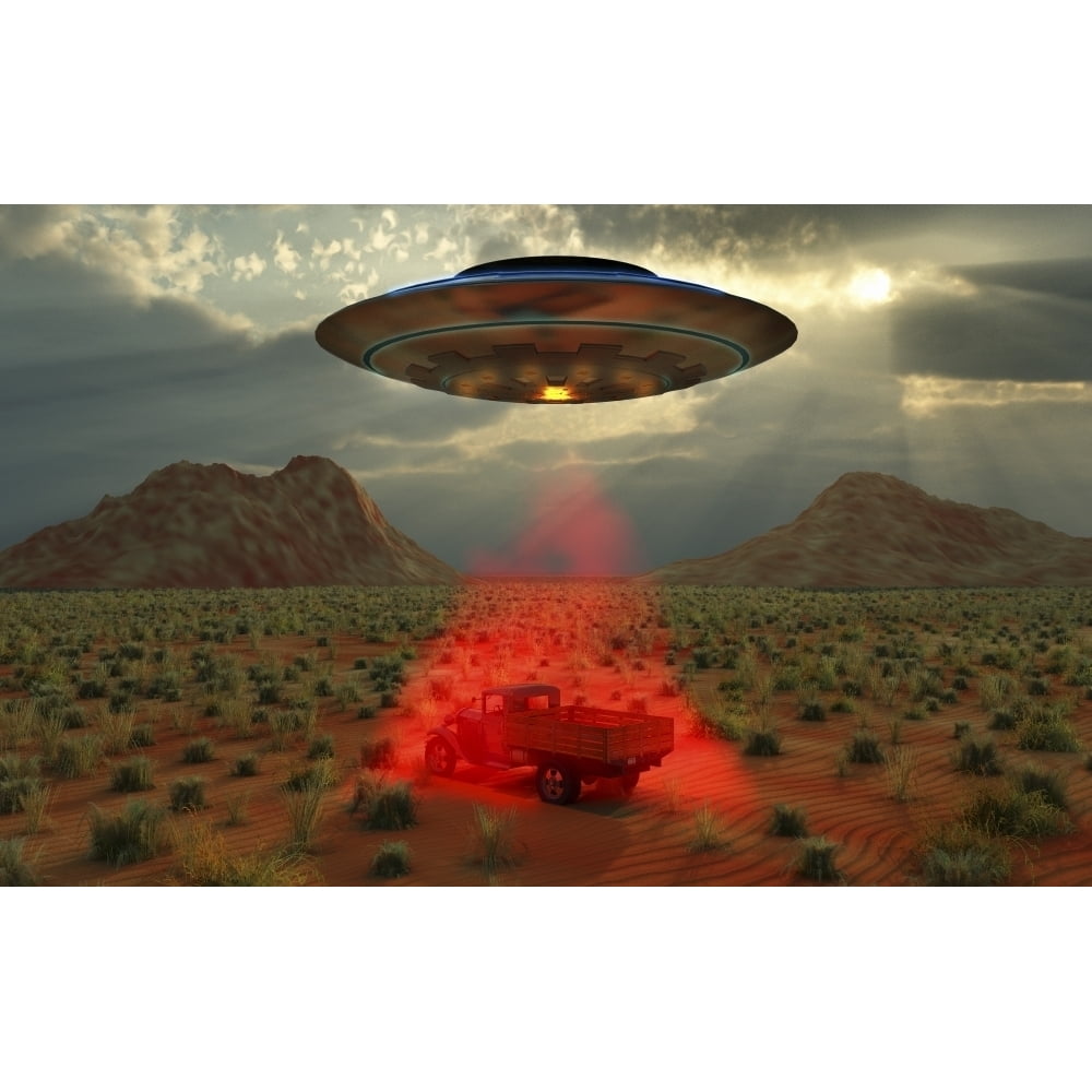 An alien UFO probing a 1930s style truck in desert landscape. Poster ...