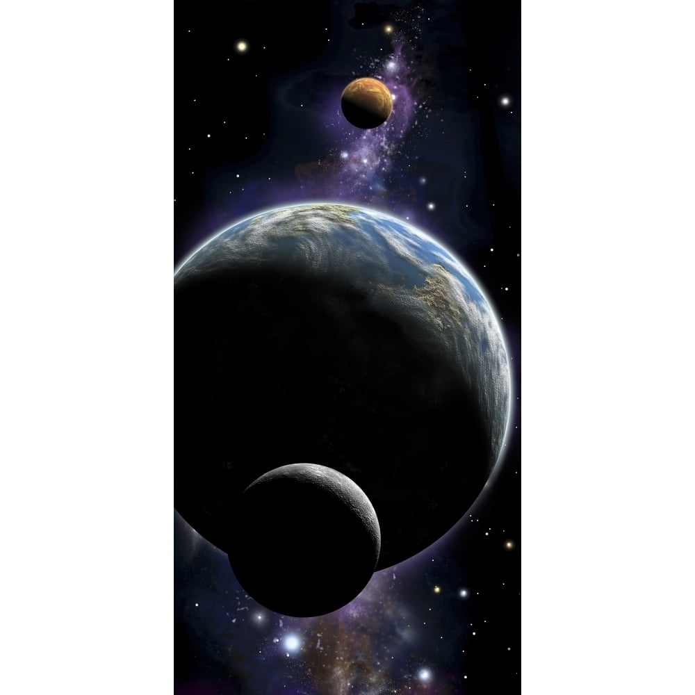 An artists depiction of an Earth type world with two orbiting moons ...