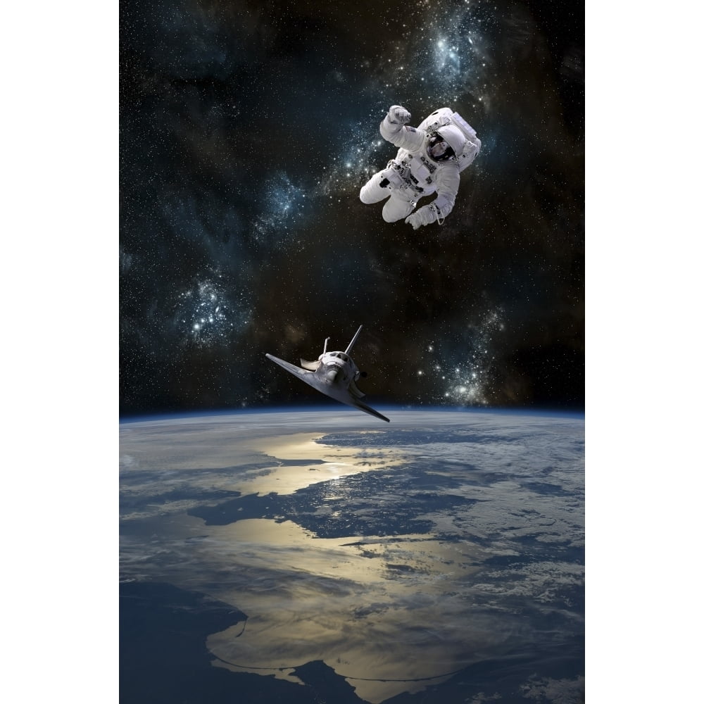 An astronaut drifting in space is rescued by a space shuttle orbiting ...