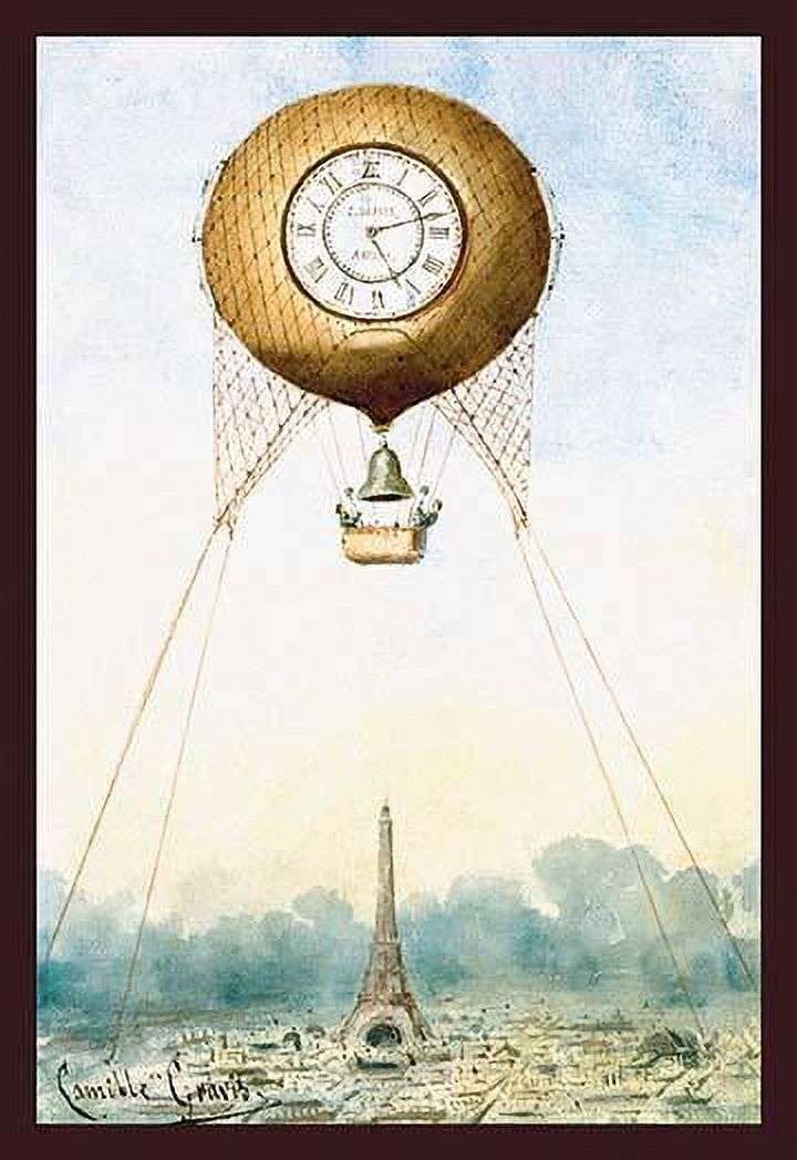 An early French balloon rises high above the Eiffel tower. A large ...