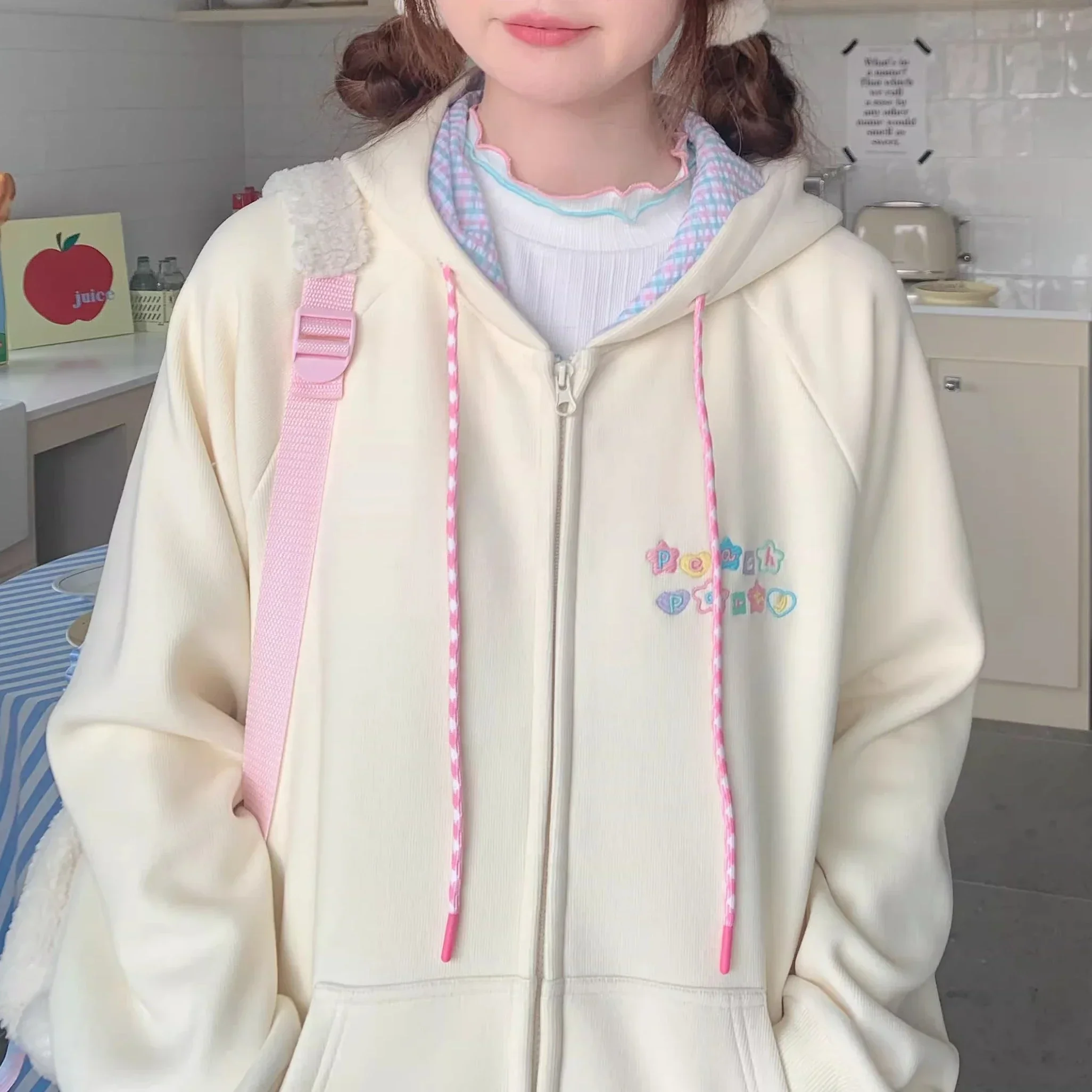 Anqingluelv Korean Cute Zip Up Hoodie Women Y2k Girly Kawaii Hooded