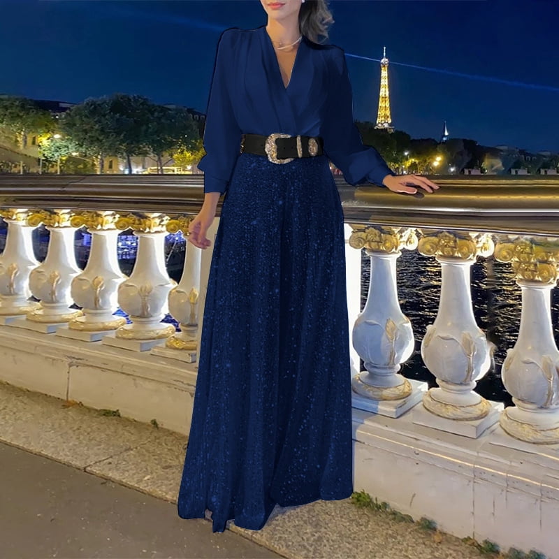 AnQingLueLv Splice Sequins Maxi Dresses For Women Fashion Folds Loose V ...